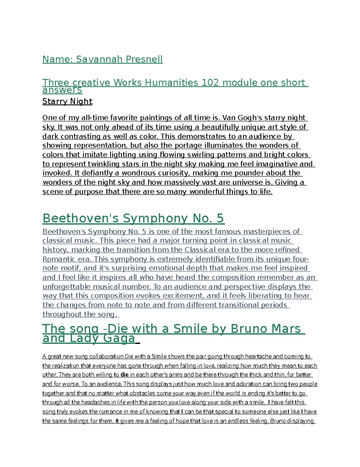 Three creative works Humanities 107 - Name: Savannah Presnell Three ...