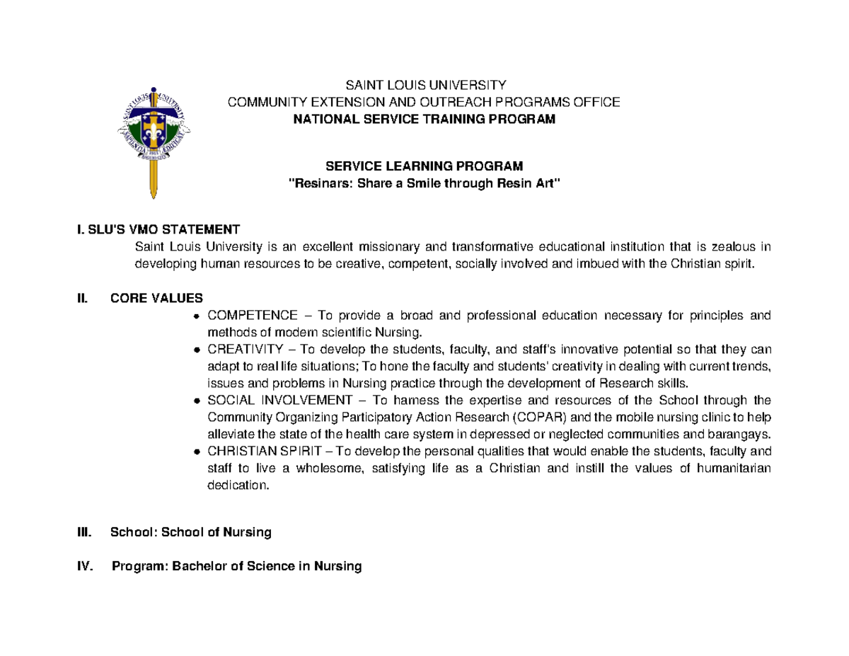 Service Learning Plan - SAINT LOUIS UNIVERSITY COMMUNITY EXTENSION AND ...