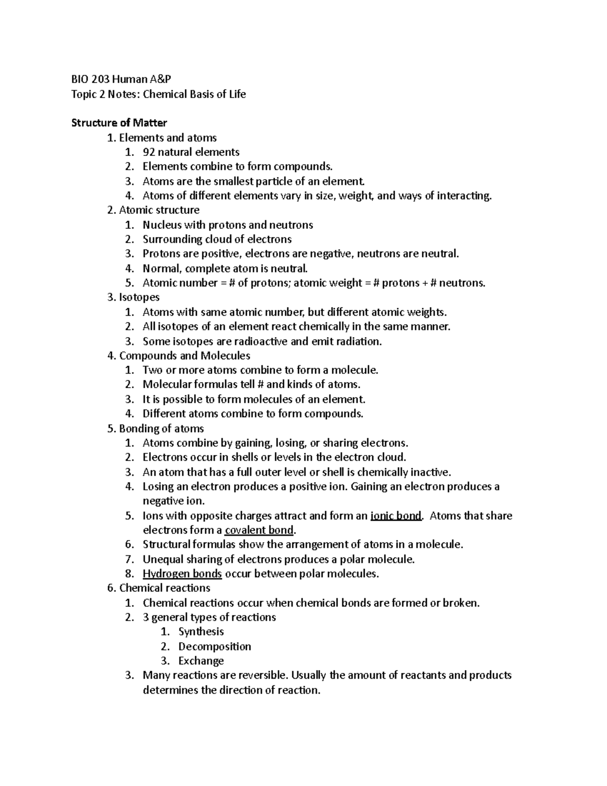 BIO 203 Human Topic 2 - BIO 203 Human A&P Topic 2 Notes: Chemical Basis ...