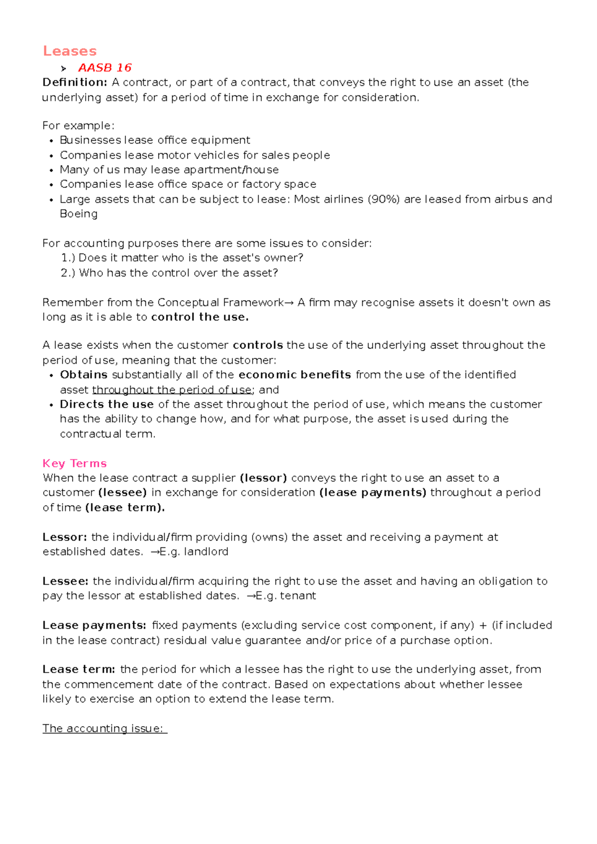 ACCT3563 Leases Notes - Leases AASB 16 Deinition: A contract, or part ...