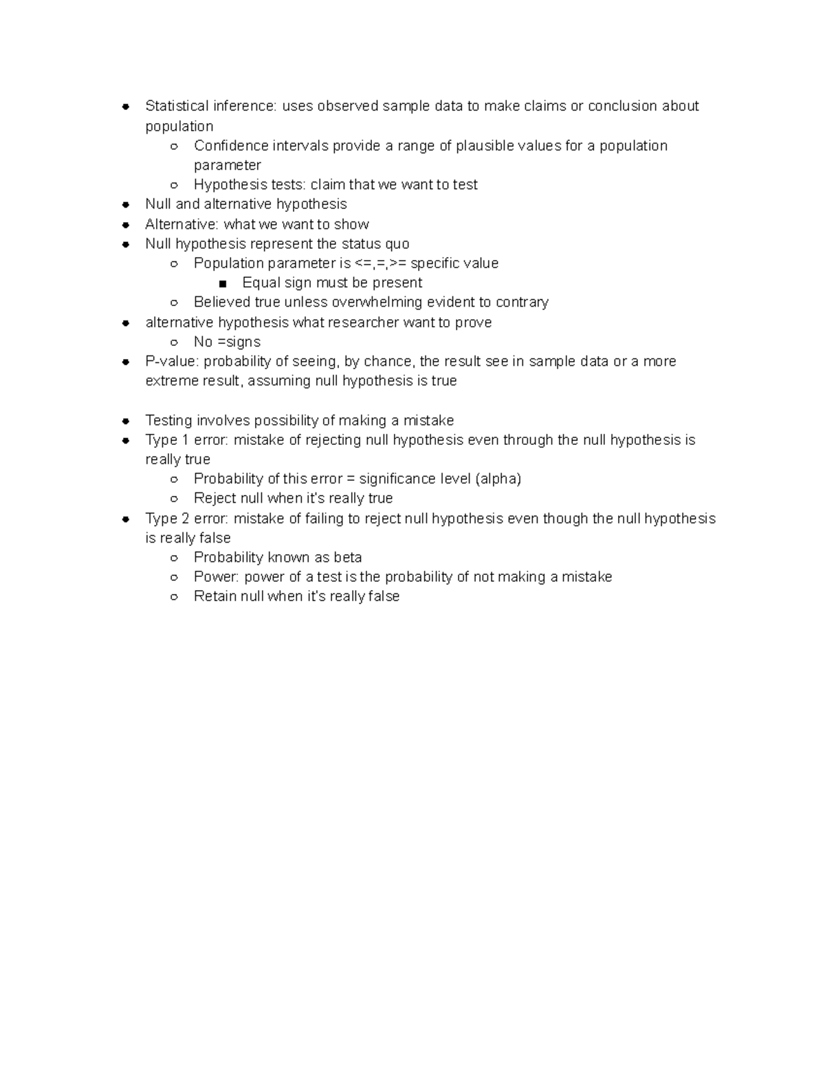 Stats Week 7 - Explains hypotheses and statistical errors. - Statistical inference: uses ...