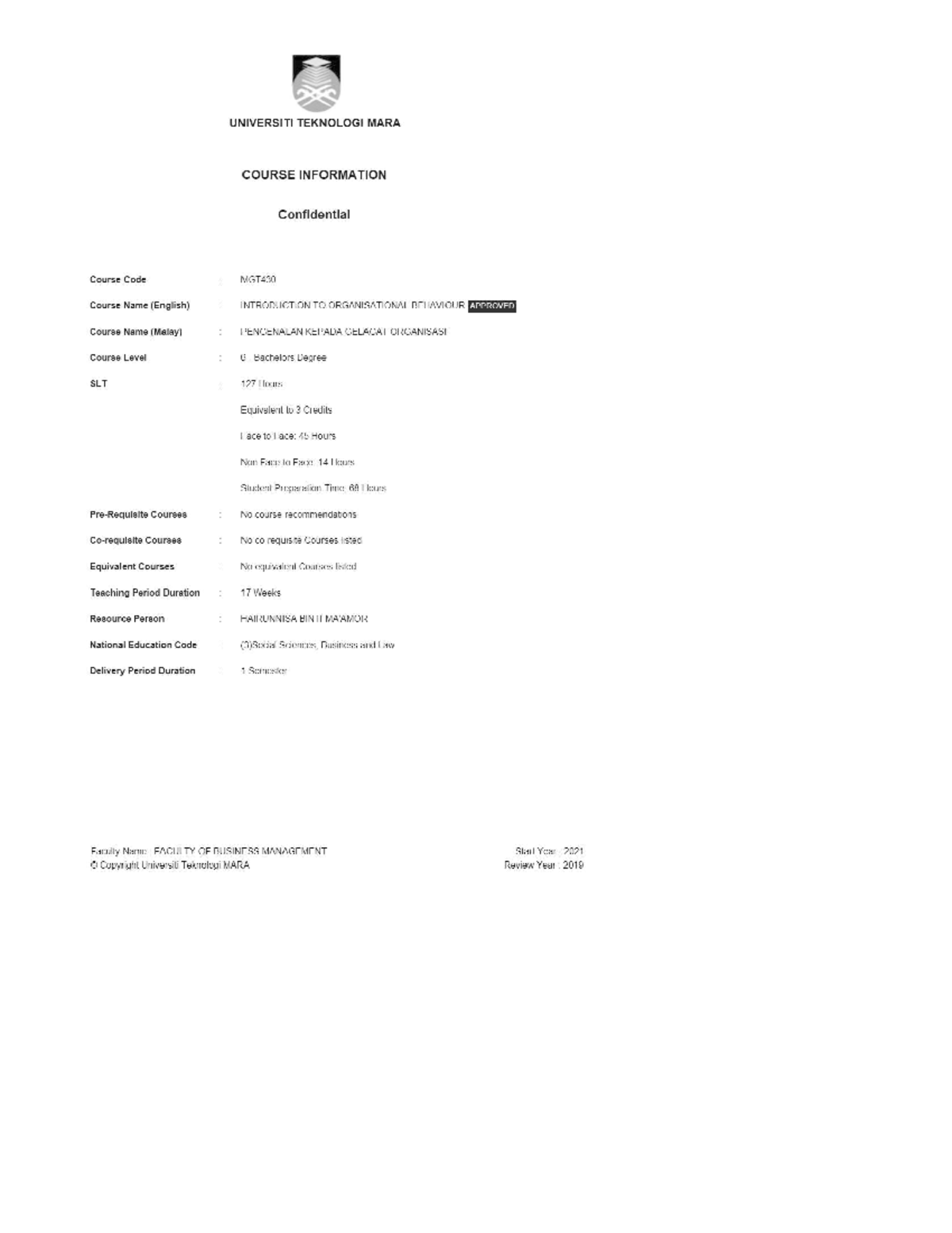 Course outline - Notes for UiTM students - Management Accounting - Studocu