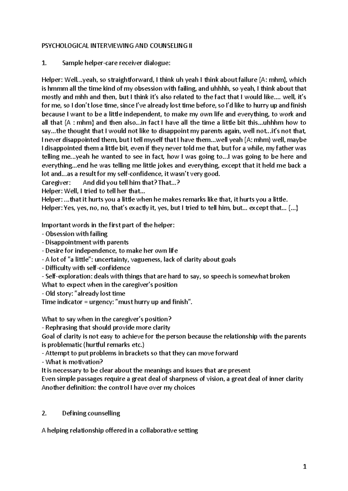 Psychological Interviewing AND Counseling 1 - 1 PSYCHOLOGICAL ...