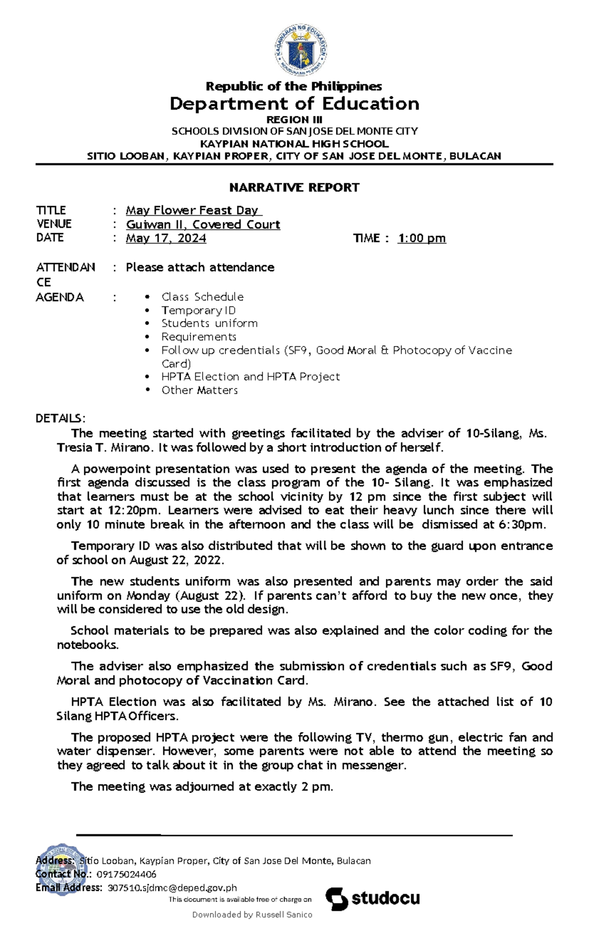 Narrative Report - Republic of the Philippines Department of Education ...