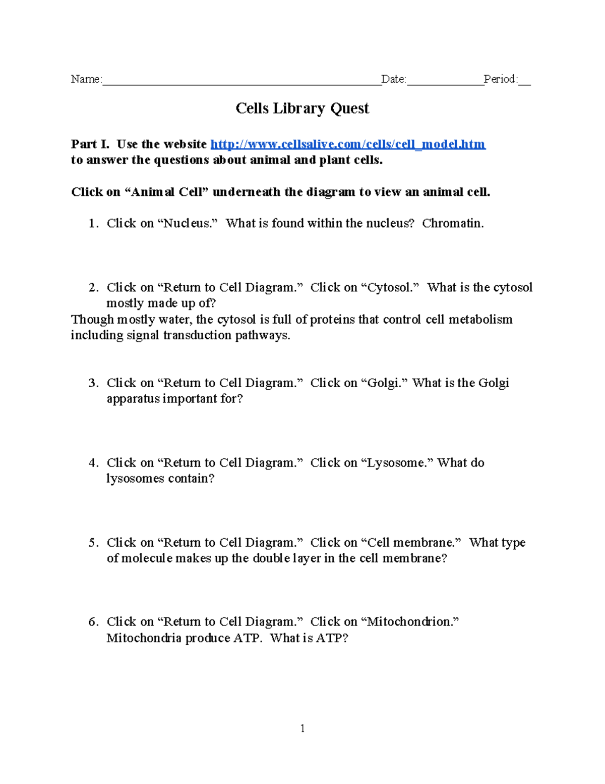 Copy of Copy of Activity 1 Cells Library Quest - - Studocu
