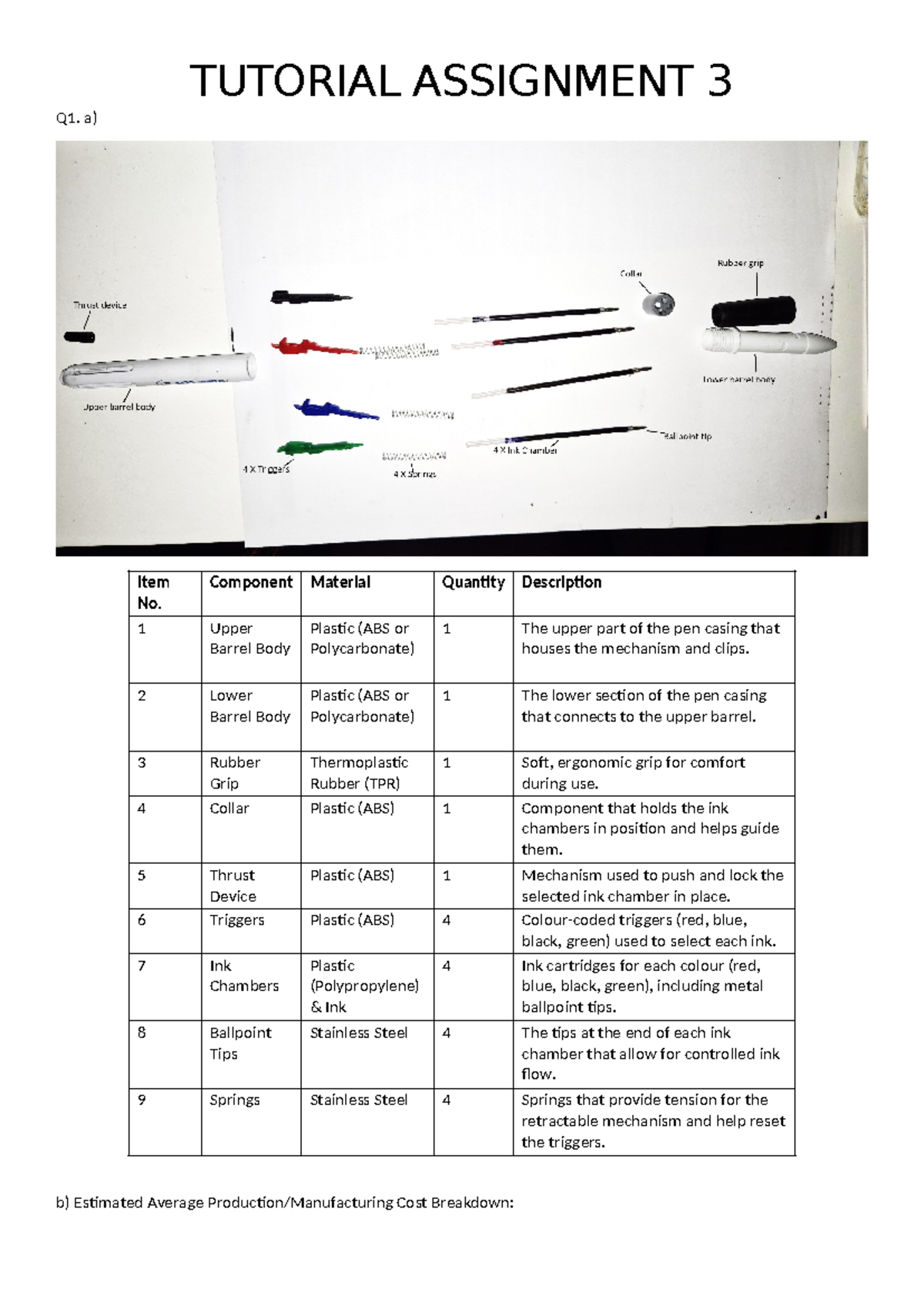 MECH3006 Mechatronic Design - Assessment 3 - TUTORIAL ASSIGNMENT 3 Q1. a) Item No. Component ...