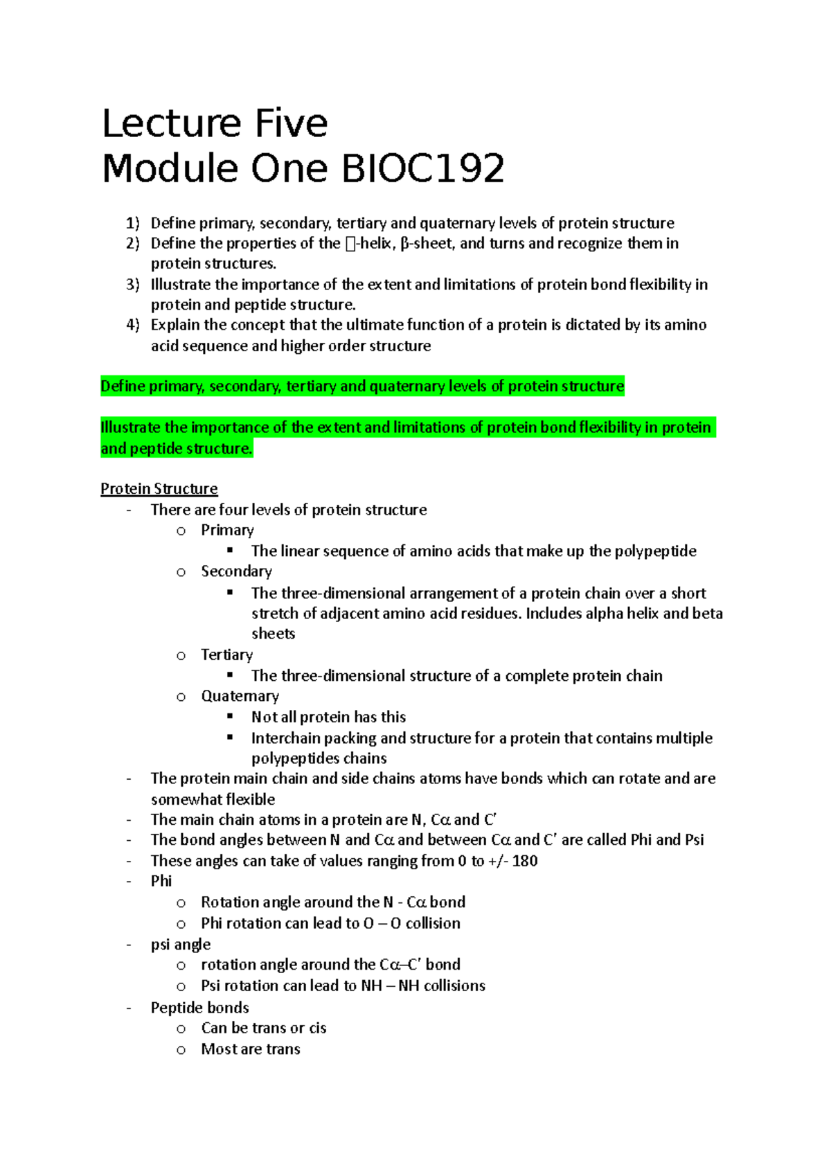 Lecture Five BIOC192 - Lecture Five Module One BIOC Define primary, secondary, tertiary and ...