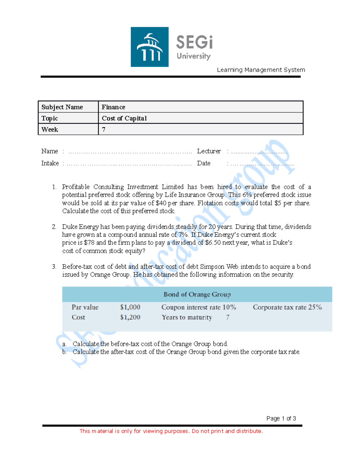 Tutorial 7 - Cost of Capital - Learning Management System Subject Name Finance Topic Cost of ...