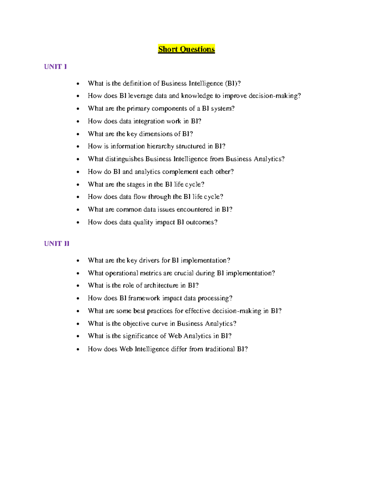 BI Question bank - Ftfght gftyy vfghh - Short Questions UNIT I What is ...