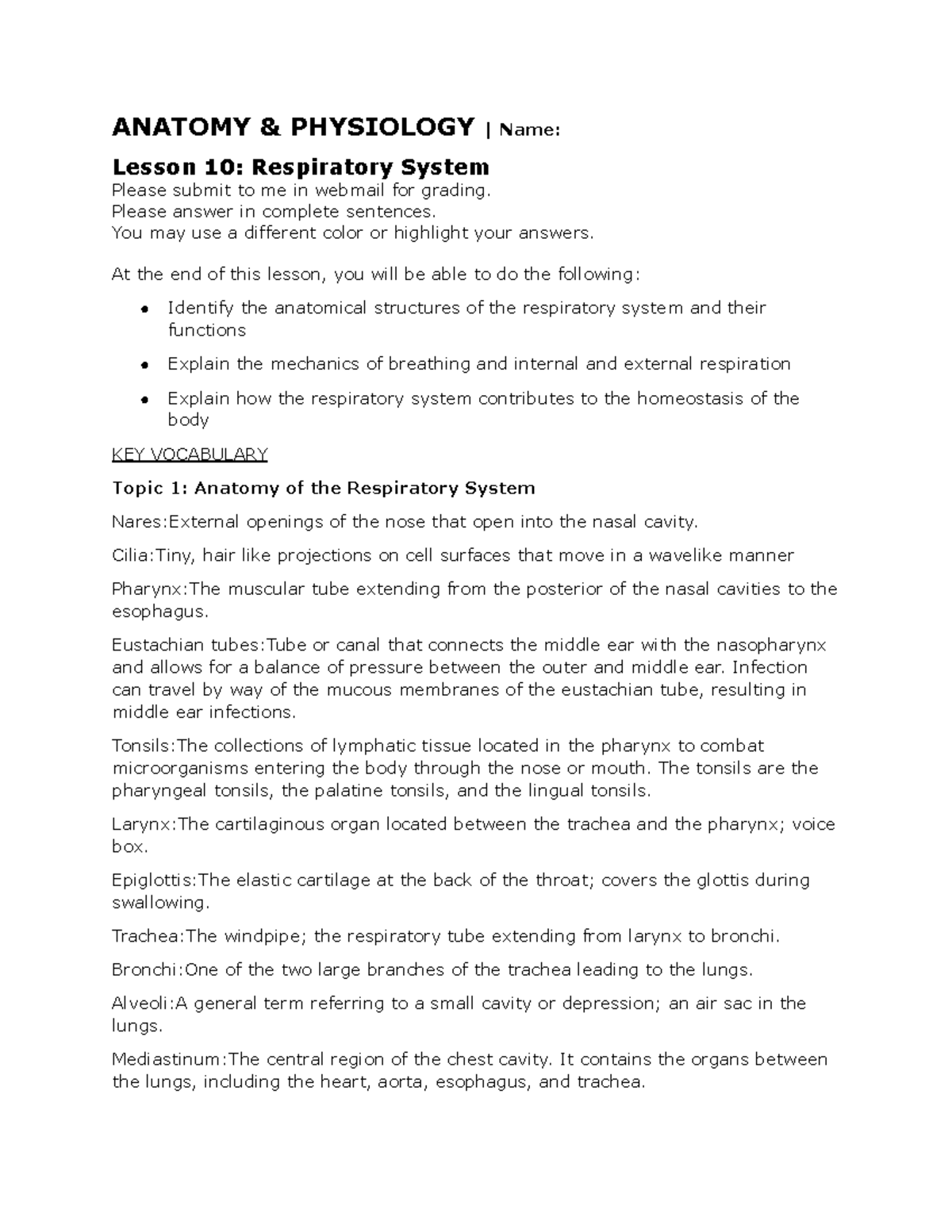 Copy of 10 - Respiratory System - ANATOMY & PHYSIOLOGY| Name: Lesson 10 ...