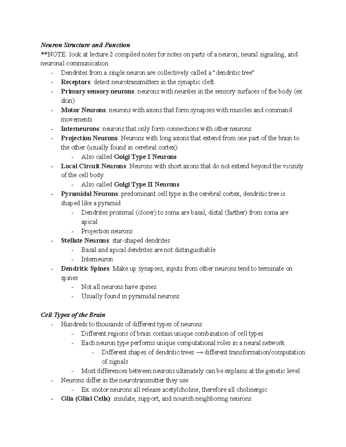 NE 101 Lecture 3 Compiled Notes - Neuron Structure and Function **NOTE ...