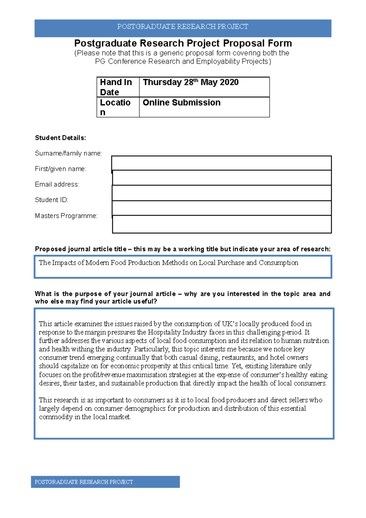 Proposal Form May 2020-2 - Postgraduate Research Project Proposal Form ...