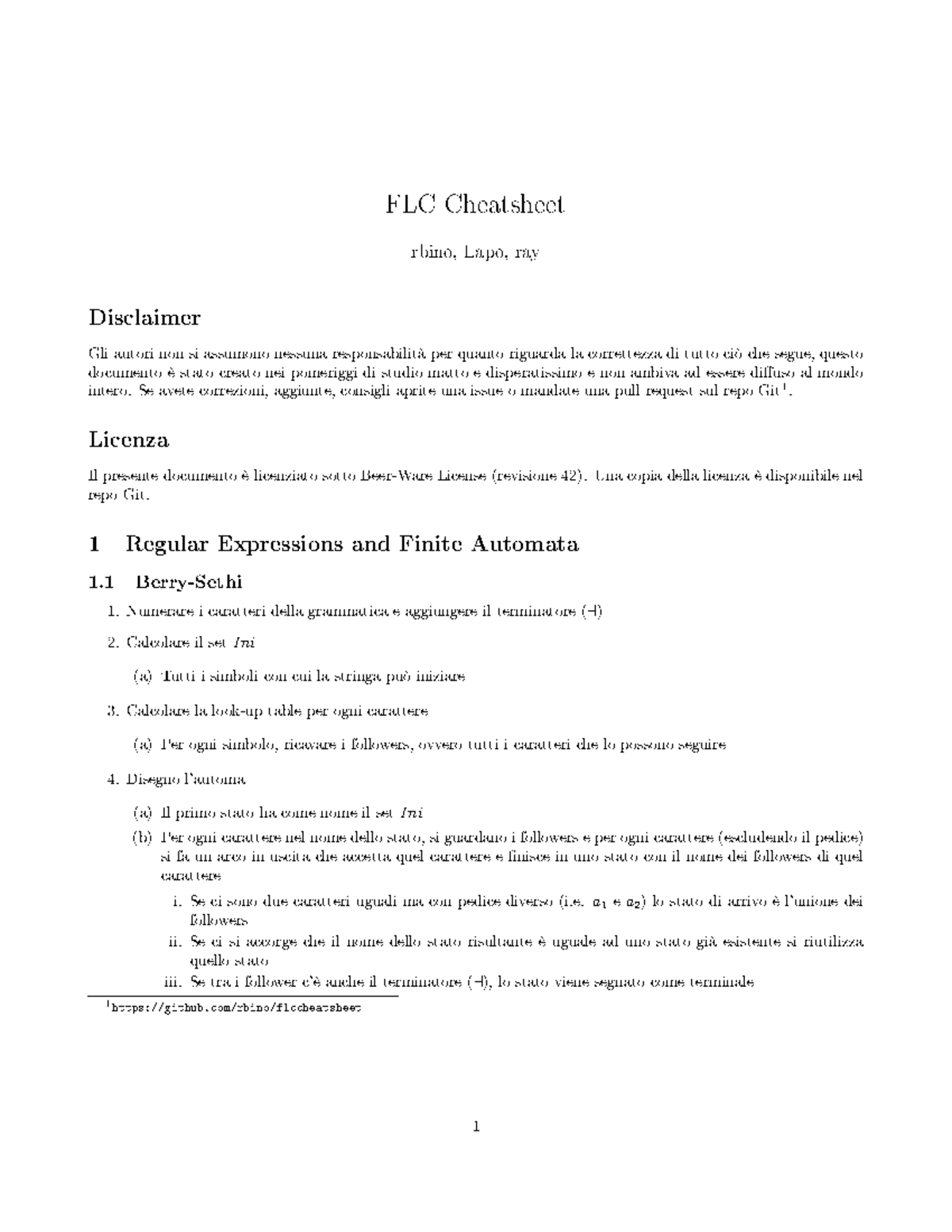 FLCCheatsheet - Riassunto Formal languages and compilers - FLC Cheatsheet rbino, Lapo, ray - Studocu
