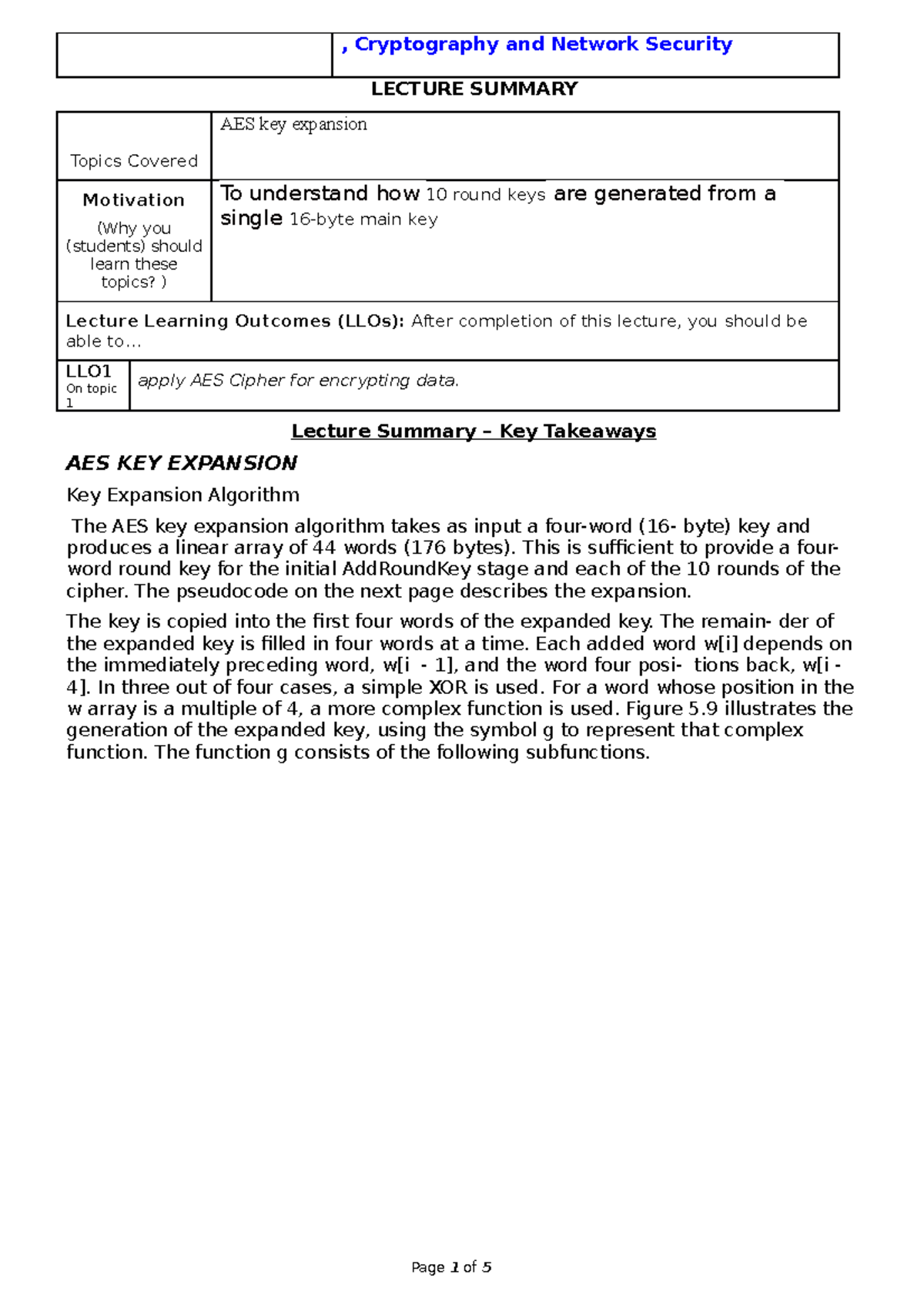 AES key expansion - LECTURE SUMMARY Topics Covered AES key expansion ...