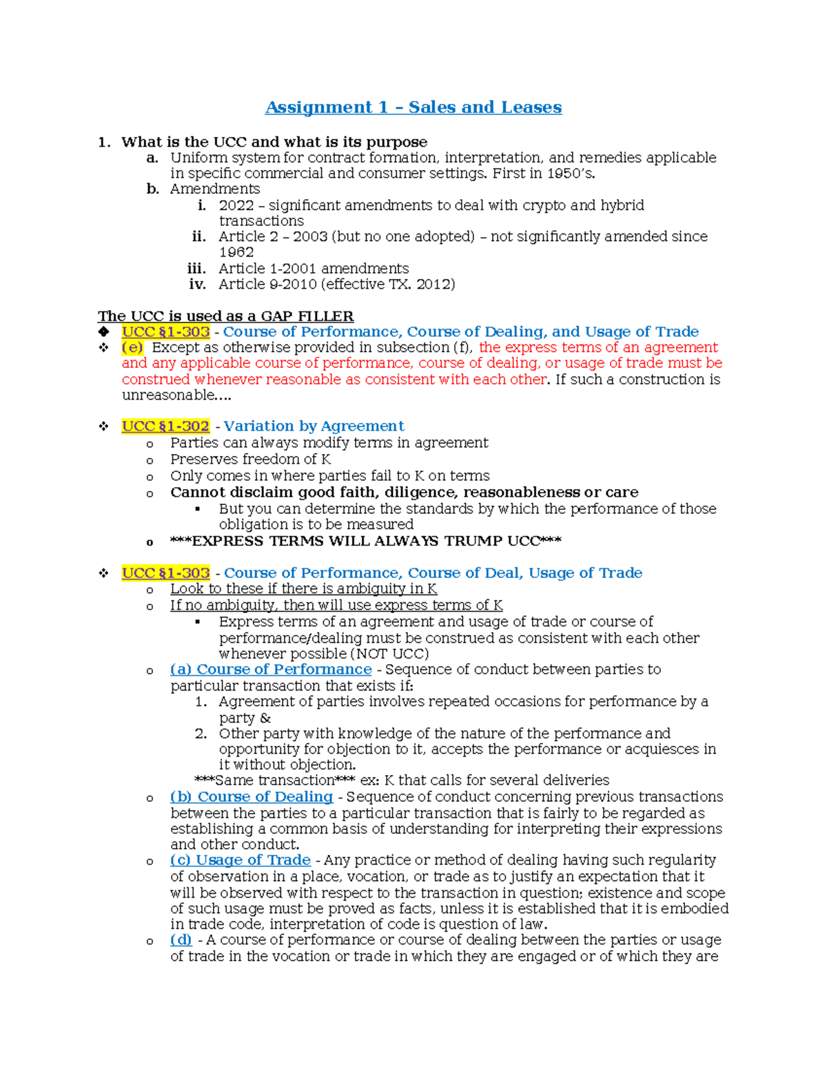 Final Outline - Assignment 1 – Sales and Leases What is the UCC and ...
