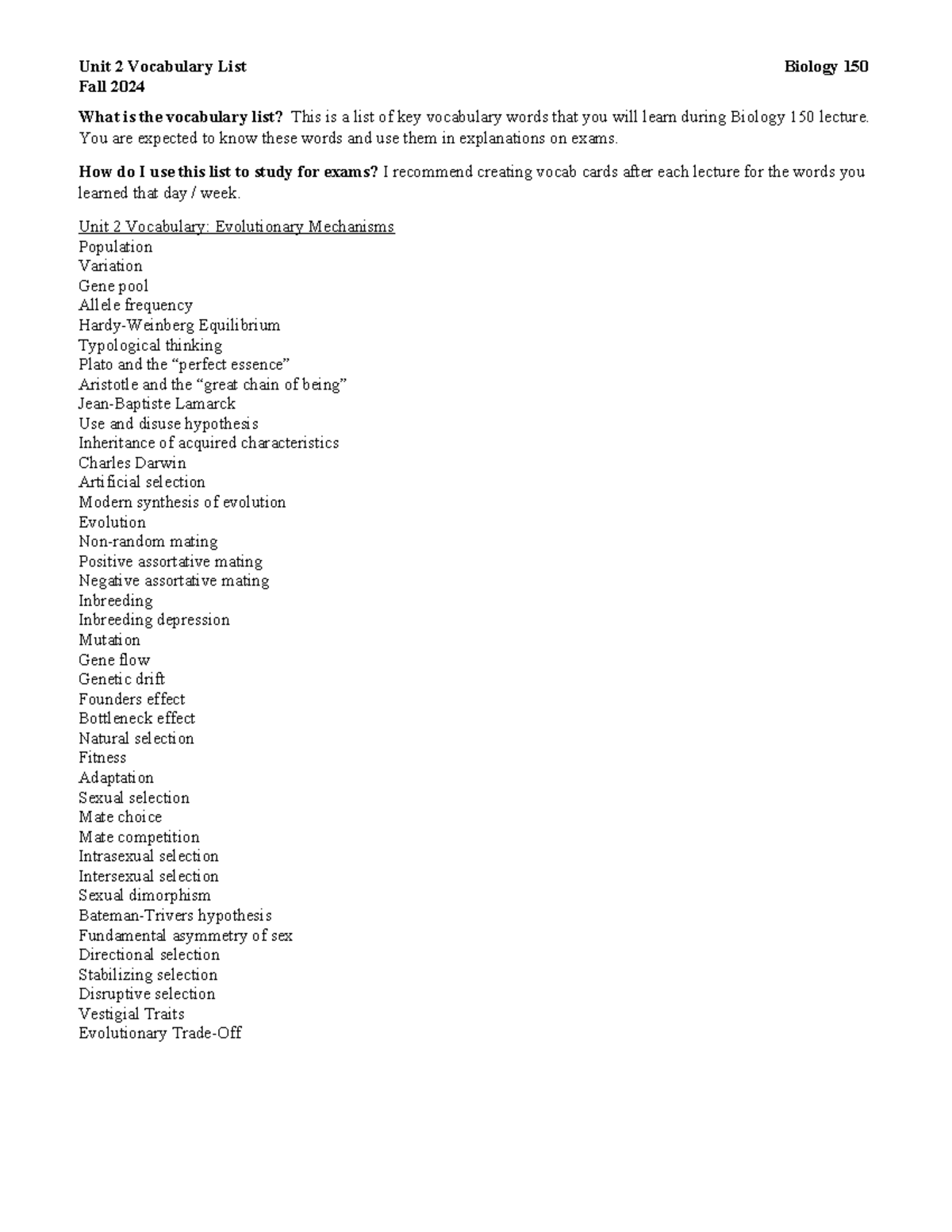 Biol150 F24 Unit2 Vocabulary - Unit 2 Vocabulary List Biology 150 Fall ...