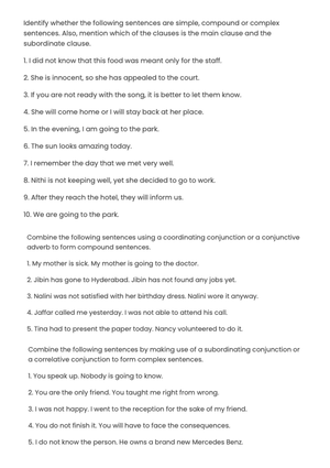 Simple, Compound and Complex Sentences - Identify whether the following ...