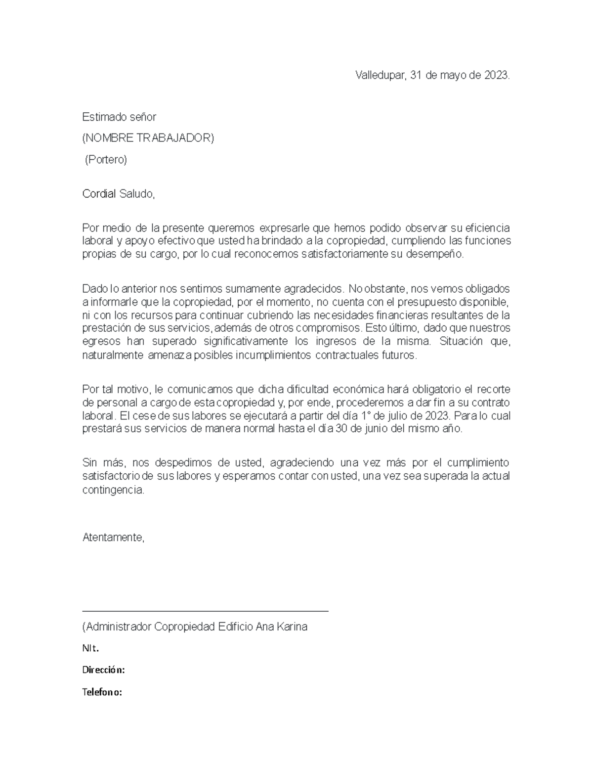 Carta terminacion de contrato - Valledupar, 31 de mayo de 2023 ...