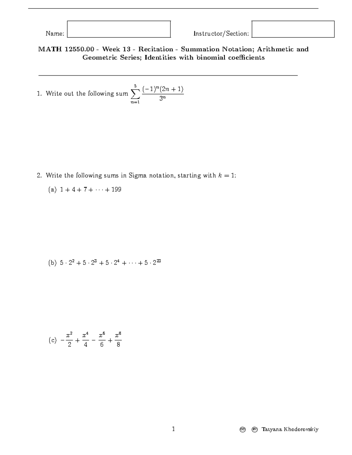 MATH12550 Fall2024 Week13 Recitation sums - MATH 125 - Name: Instructor ...