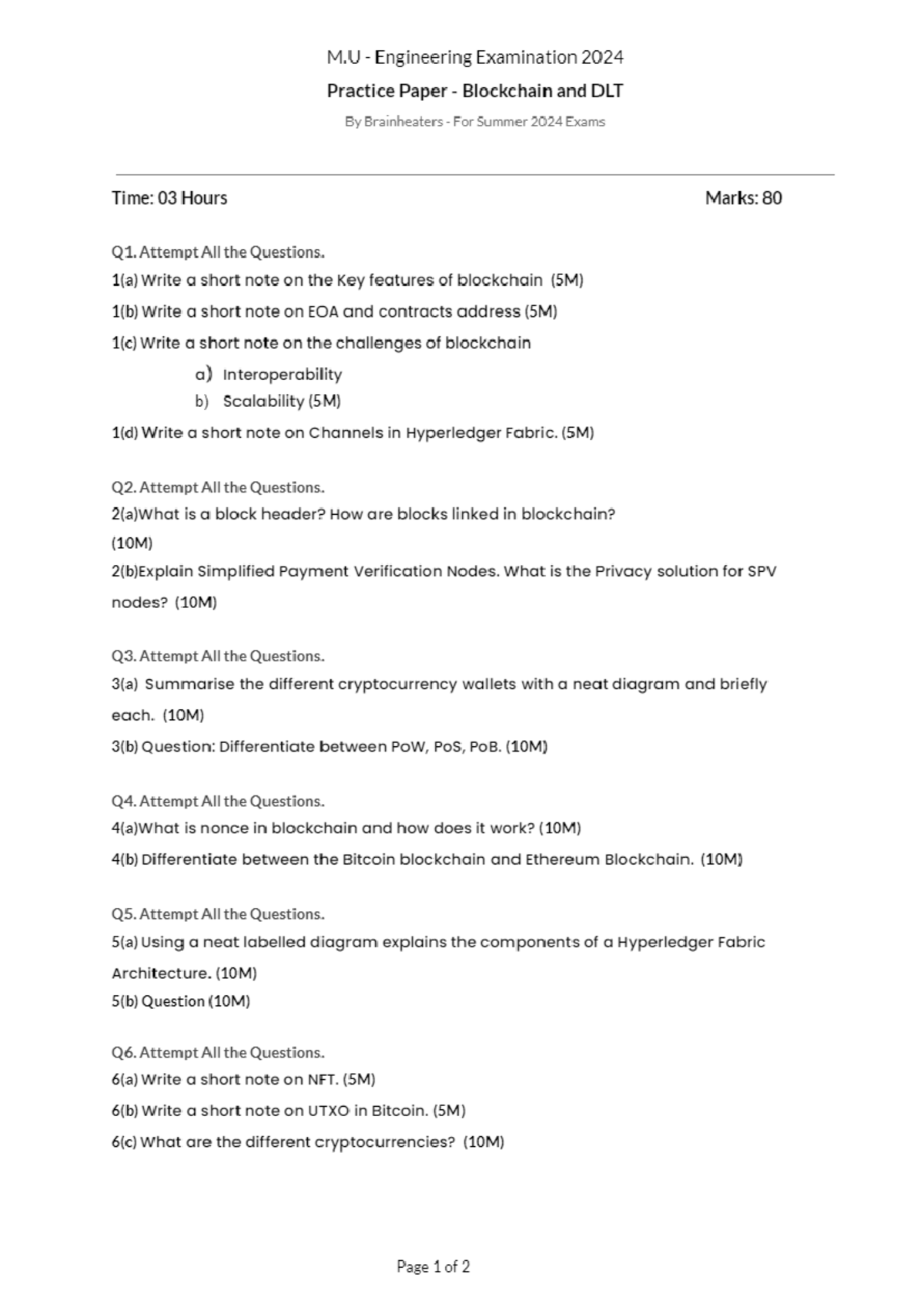 BC&DLT IT Sem8 Practice Papers - Bachelor of Engineering in Information Technology - Studocu
