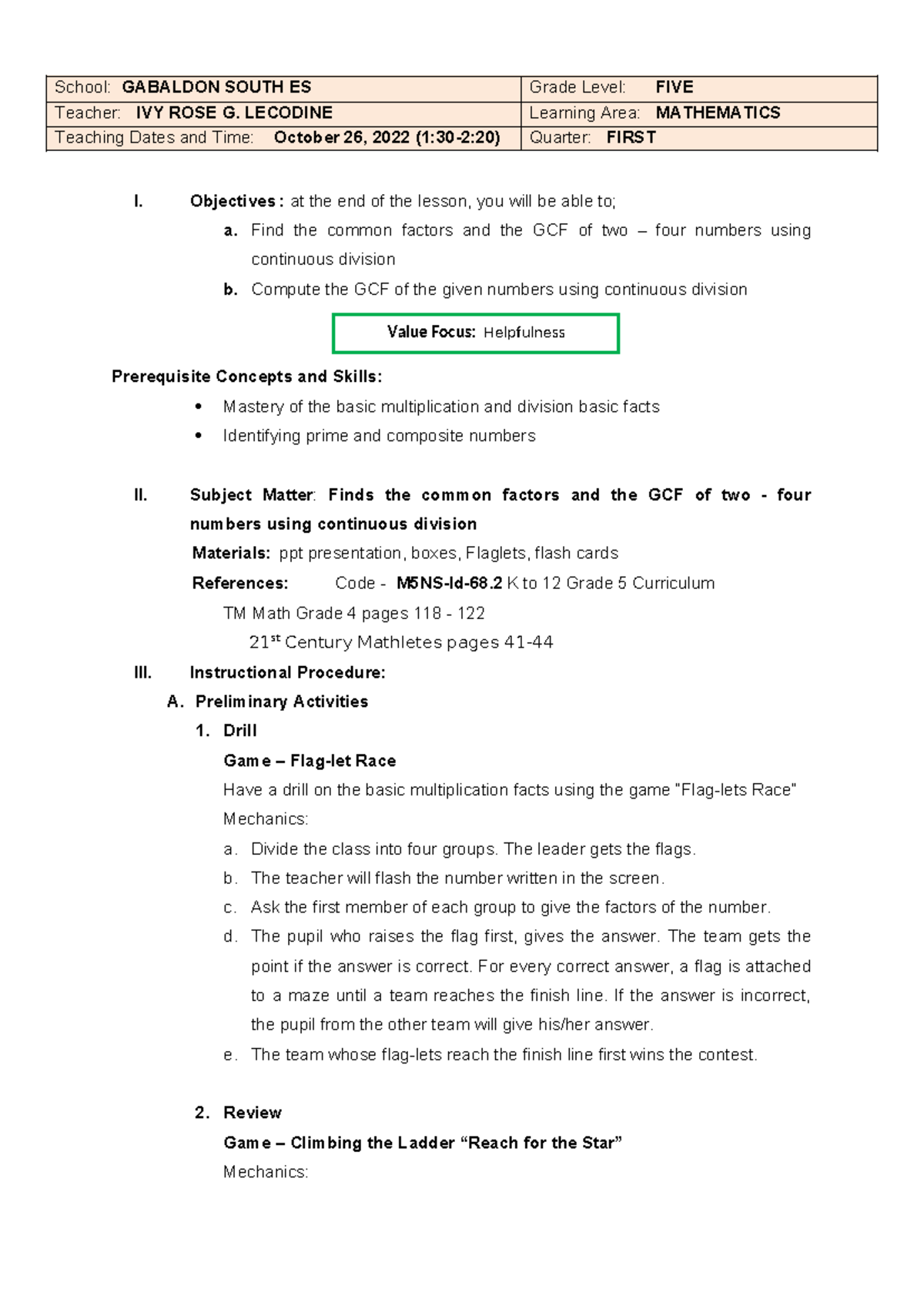 Common factors gcf - I. Objectives : at the end of the lesson, you will ...