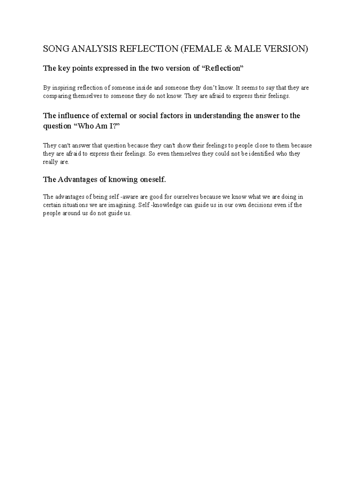 SONG Anaylsis Reflection - SONG ANALYSIS REFLECTION (FEMALE & MALE ...