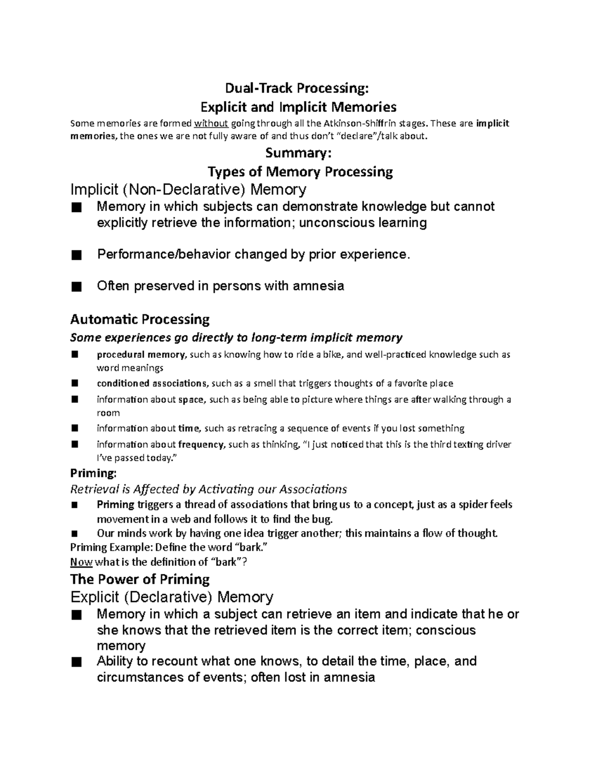 Ch. 8 Pt. 2 - Memory in Psychology - Dual-Track Processing: Explicit ...