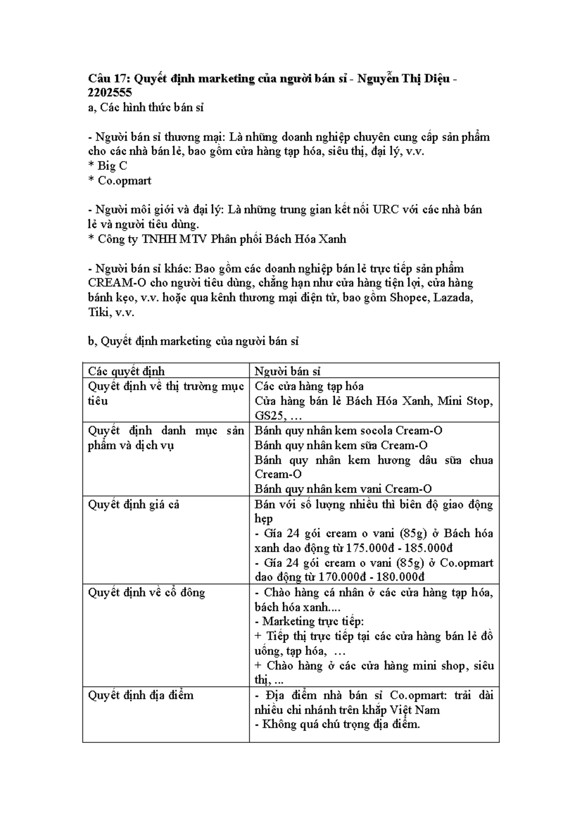 Câu 17 - Bài tập câu 17 - Câu 17: Quyết định marketing của người bán sỉ ...