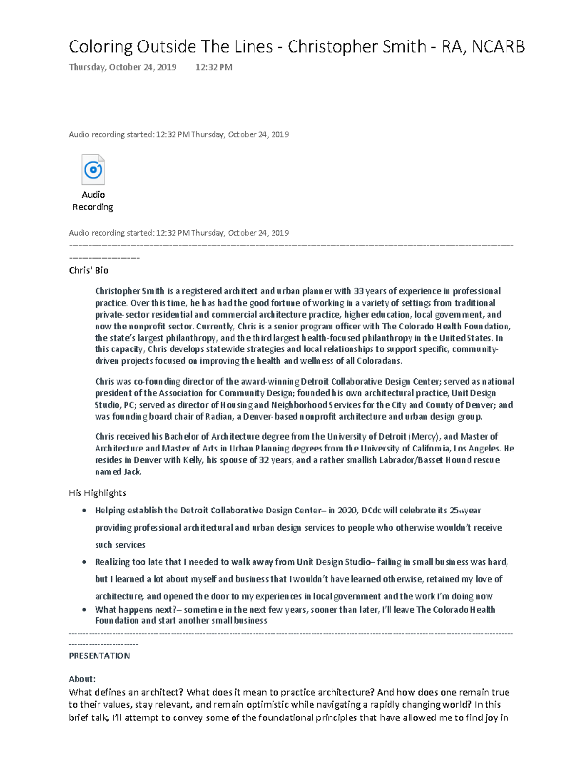 Lecture - Christopher Smith - Audio recording started: 12:32 PM ...