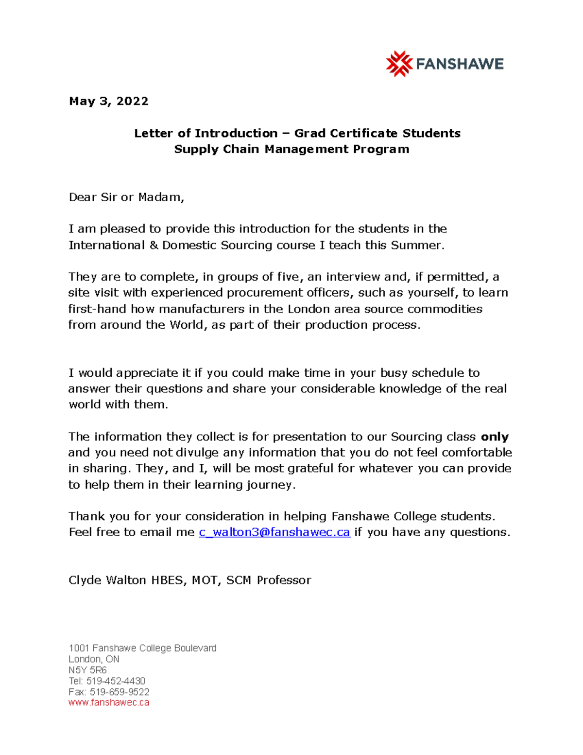 Letter of Introduction - SCM Grad Students - Fanshawe College - May 3rd ...