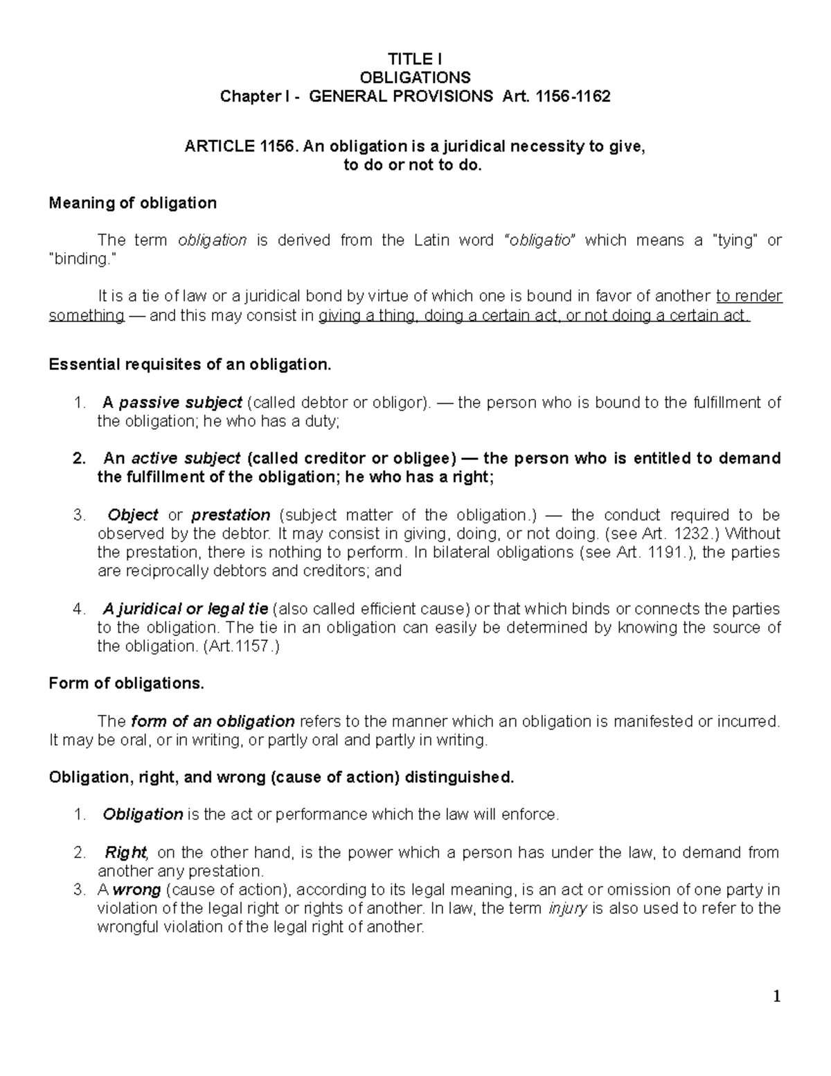 Oblicon-Students-Chap - TITLE I OBLIGATIONS Chapter I - GENERAL ...