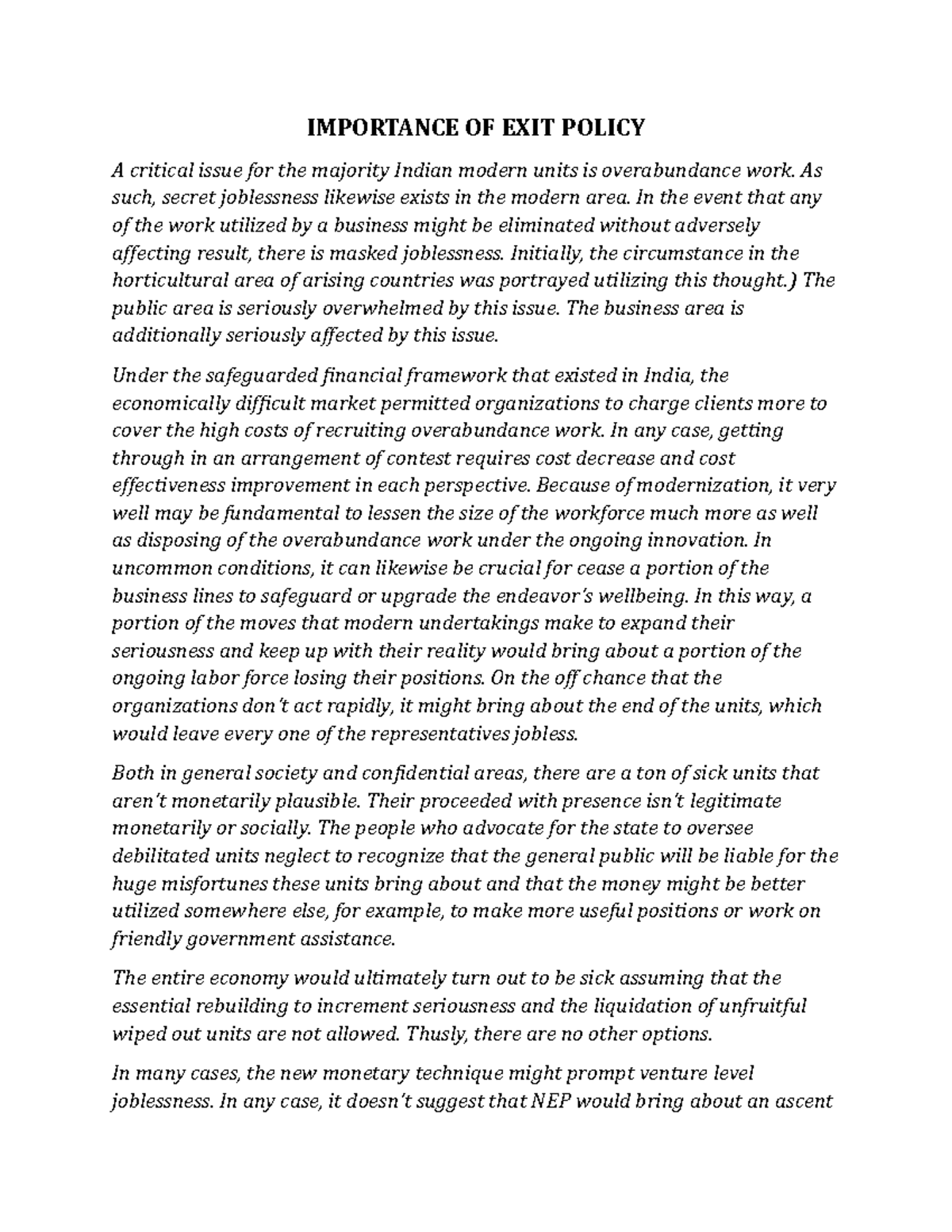 Importance OF EXIT Policy - IMPORTANCE OF EXIT POLICY A critical issue ...