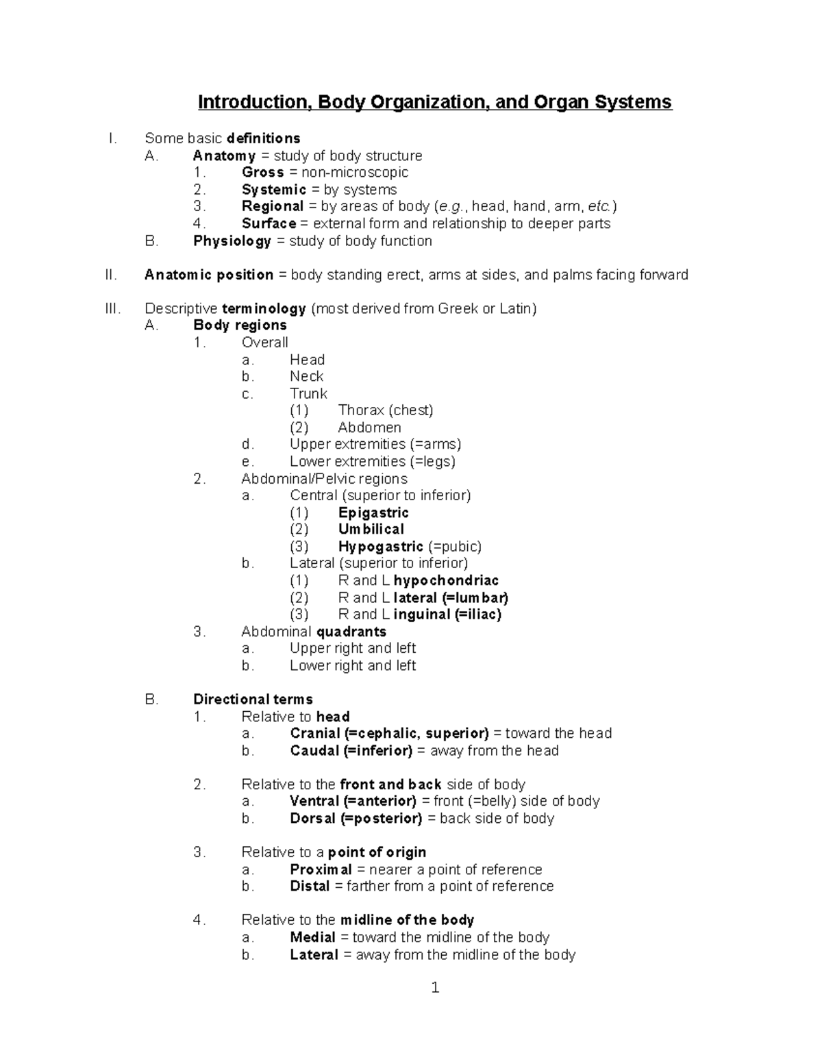 Introduction to Body Organization and Organ Systems - Some basic ...
