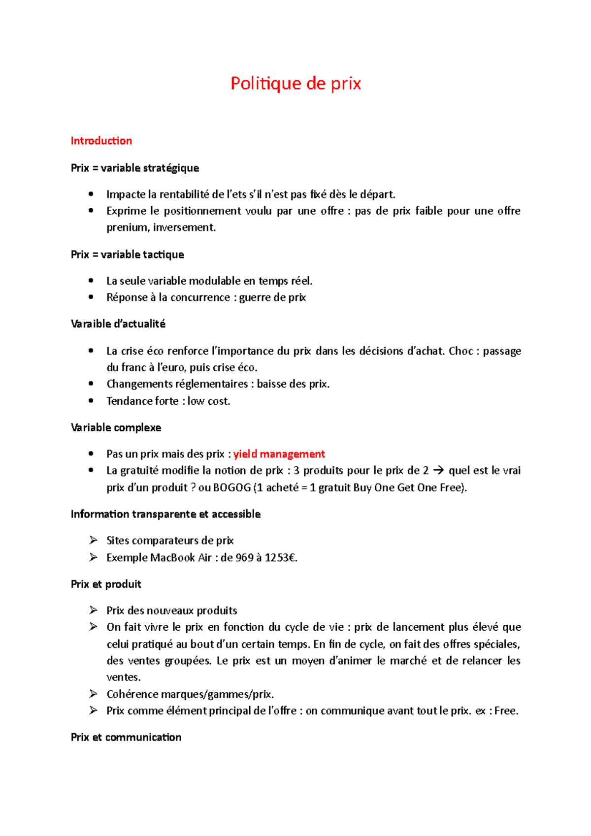 Chapitre 2 Politique du prix - Politique de prix Introduction Prix ...
