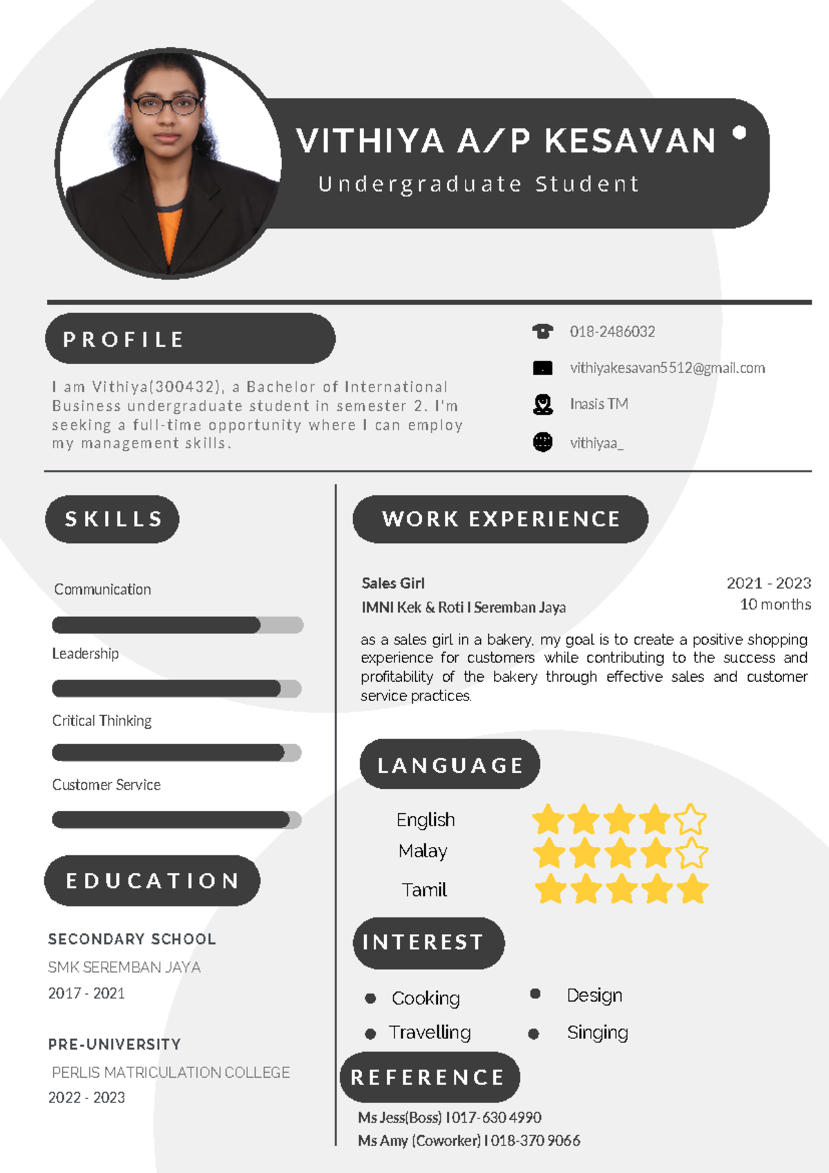 Resume for practice - VITHIYA A/P KESAVAN Travelling Cooking ...