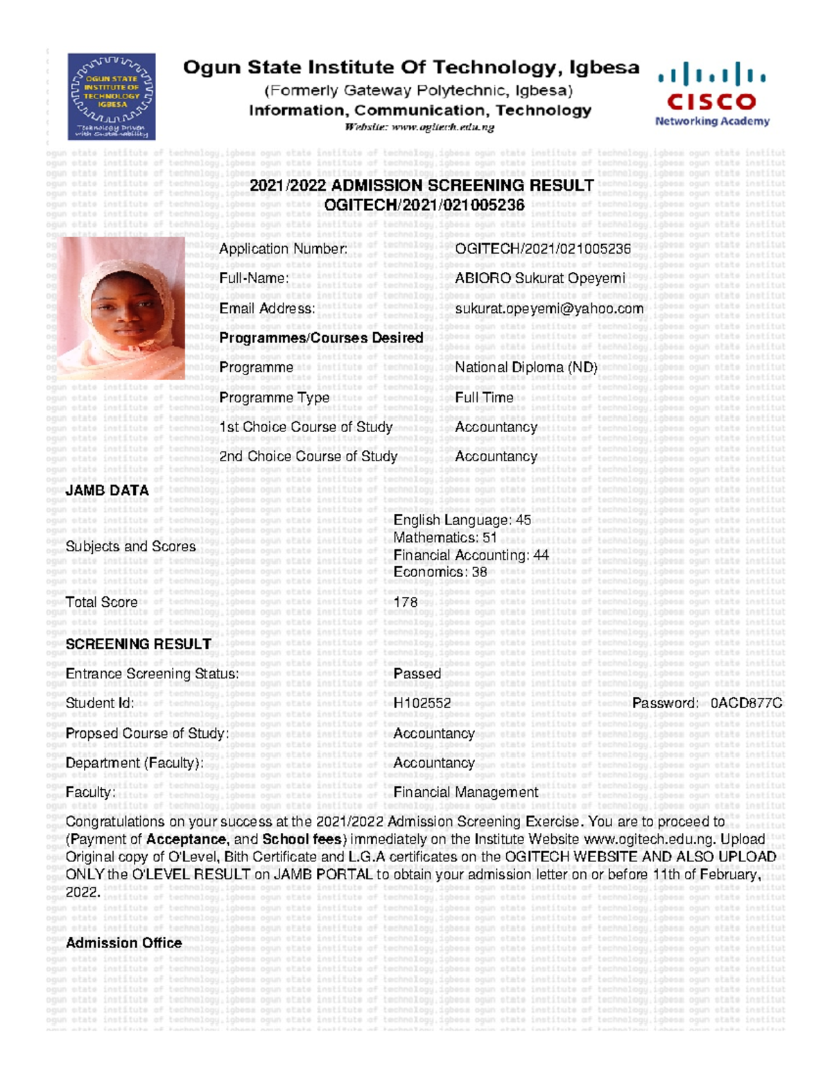 Abioro Sukurat Admission SLIP - ADMISSION SCREENING RESULT Application ...