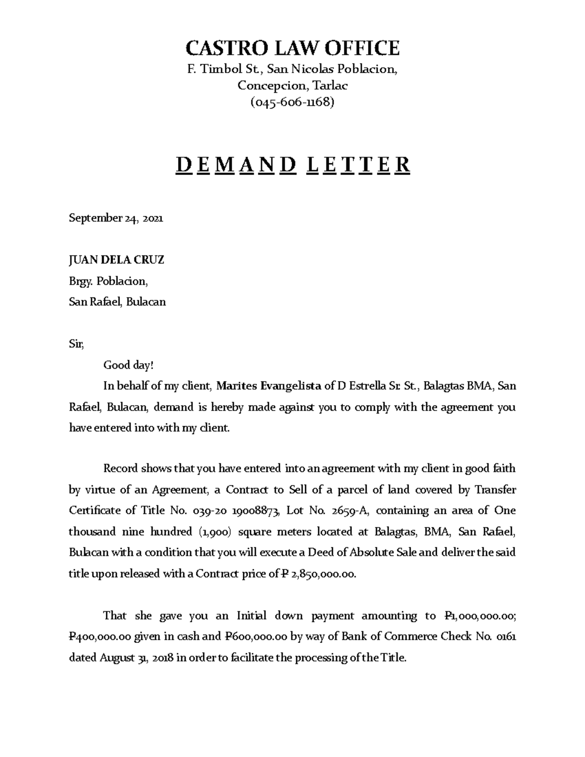 Demand Letter - CASTRO LAW OFFICE F. Timbol St., San Nicolas Poblacion ...