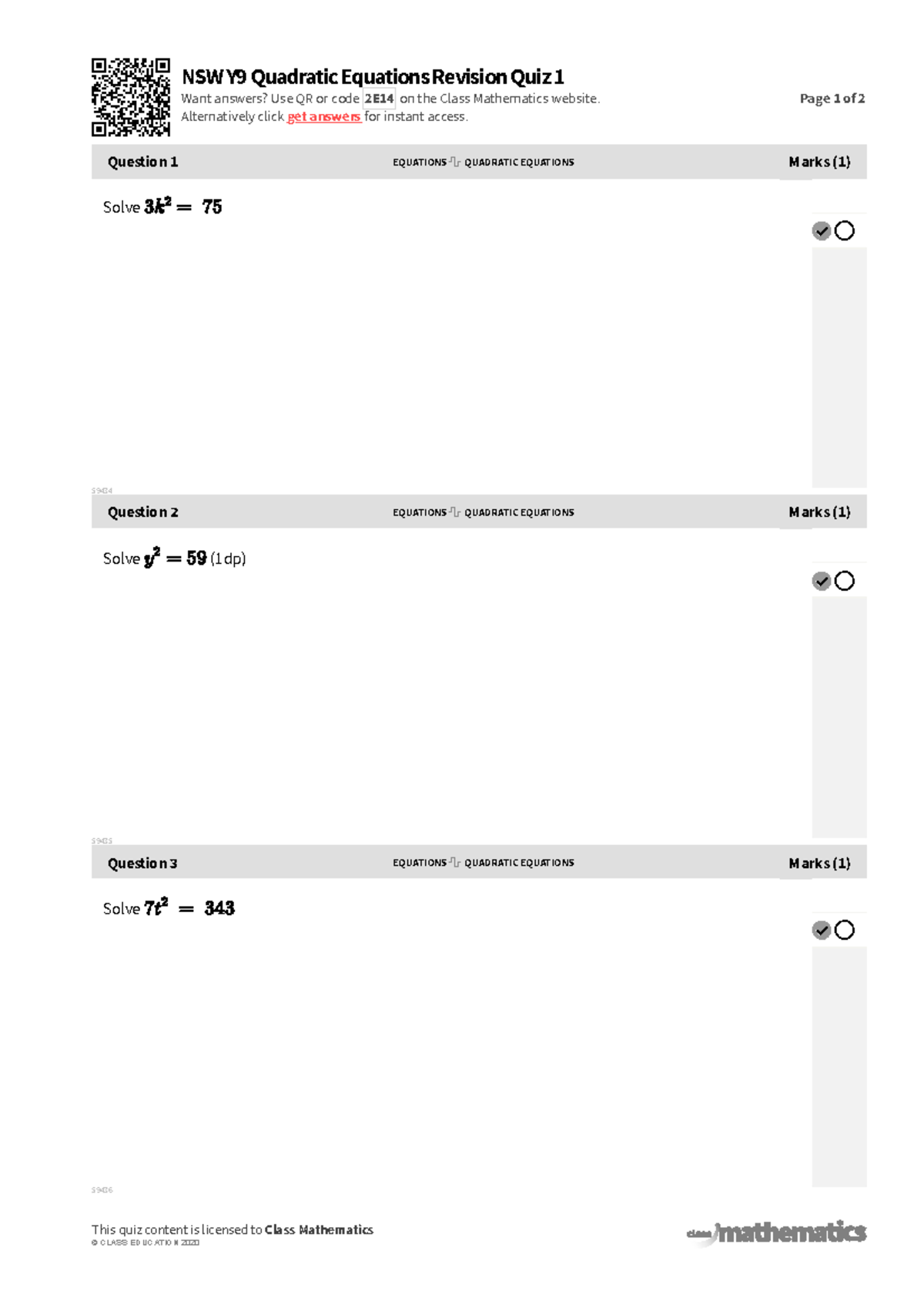 NSW Y9 Quadratic Equations Revision Quiz 1 59454 - Alternatively click ...