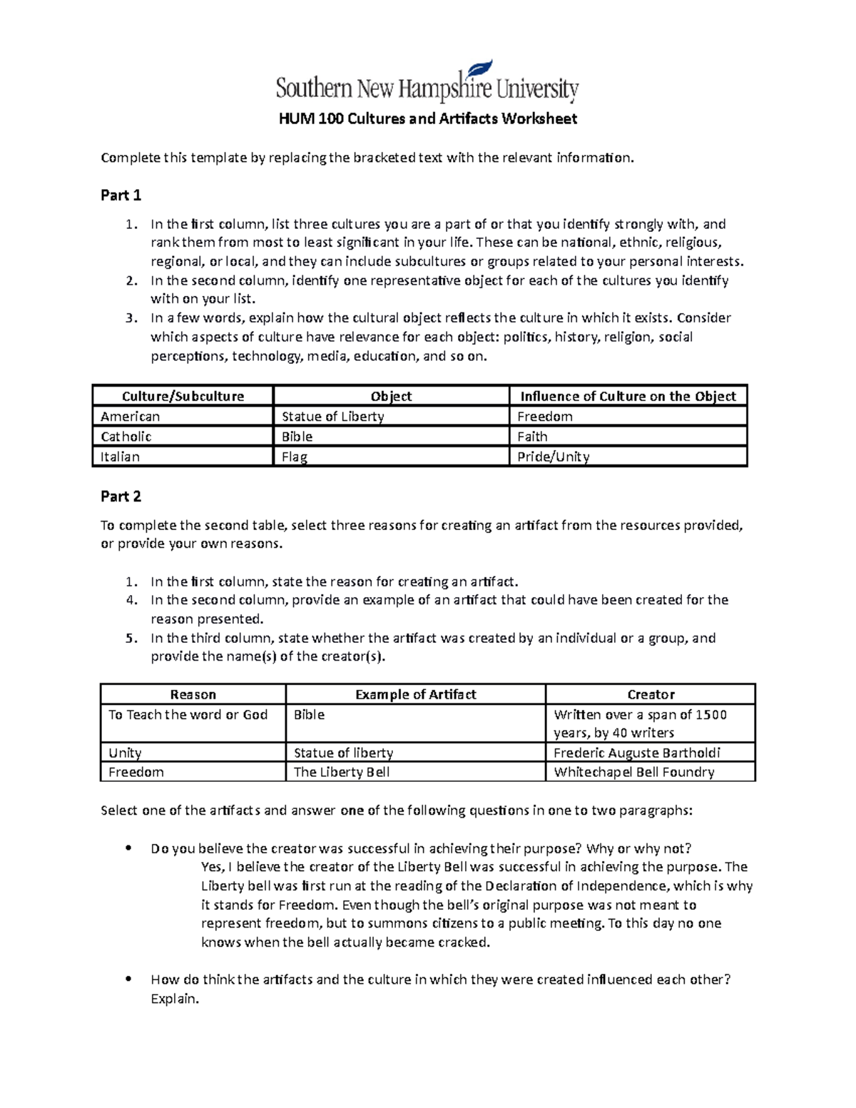 Cultures & Artifacts Worksheet - HUM 100 Cultures and Artifacts ...
