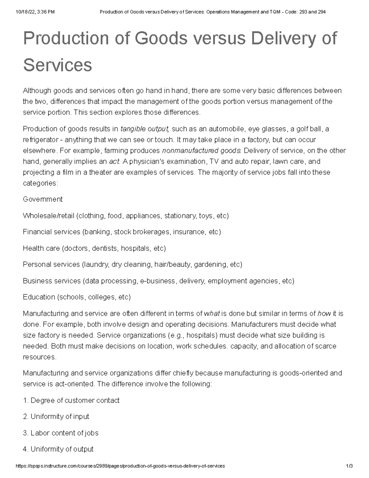 (1) Production of Goods versus Delivery of Services Operations ...