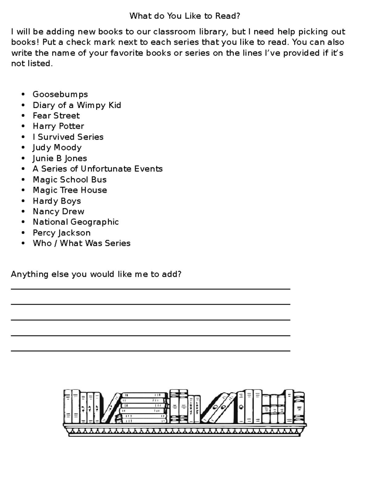 Book Survey Questionnaire For Seating - What do You Like to Read? I ...