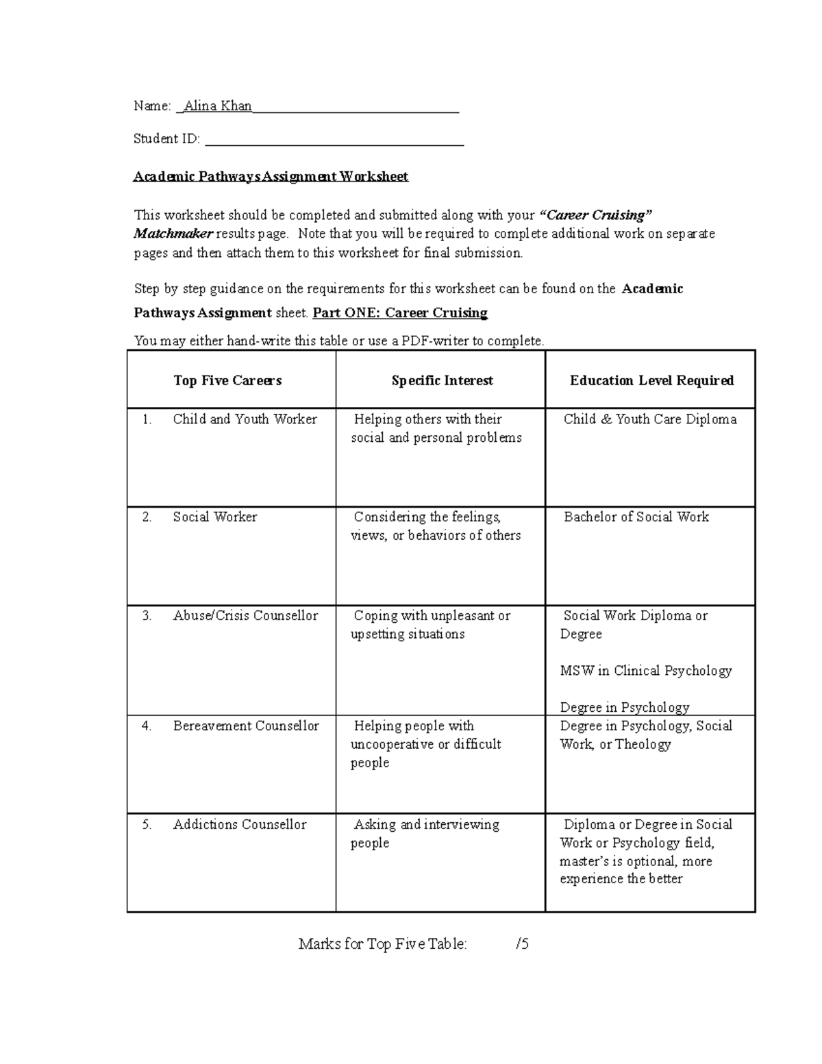 Final Summative 1 - Academic Pathways Assignment Worksheet - Name ...