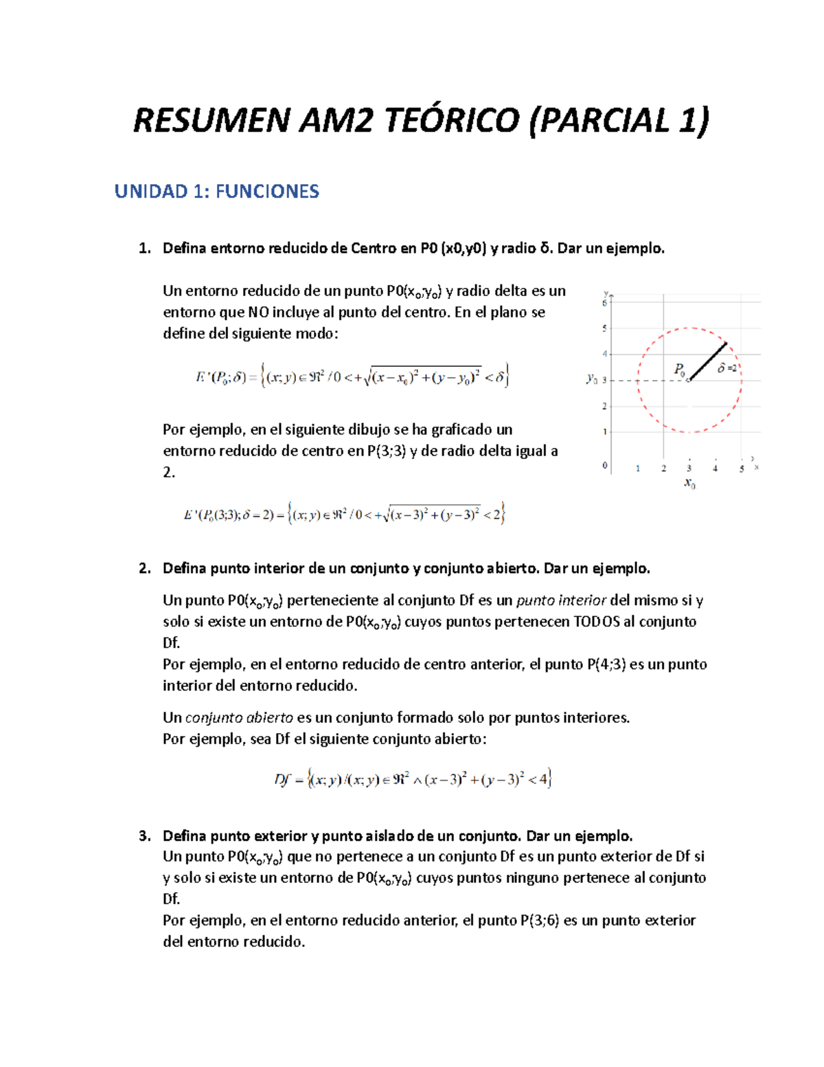 Resumen Teorico Completo AM2 - RESUMEN AM2 TEÓRICO (PARCIAL 1) UNIDAD 1: FUNCIONES 1. Defina ...