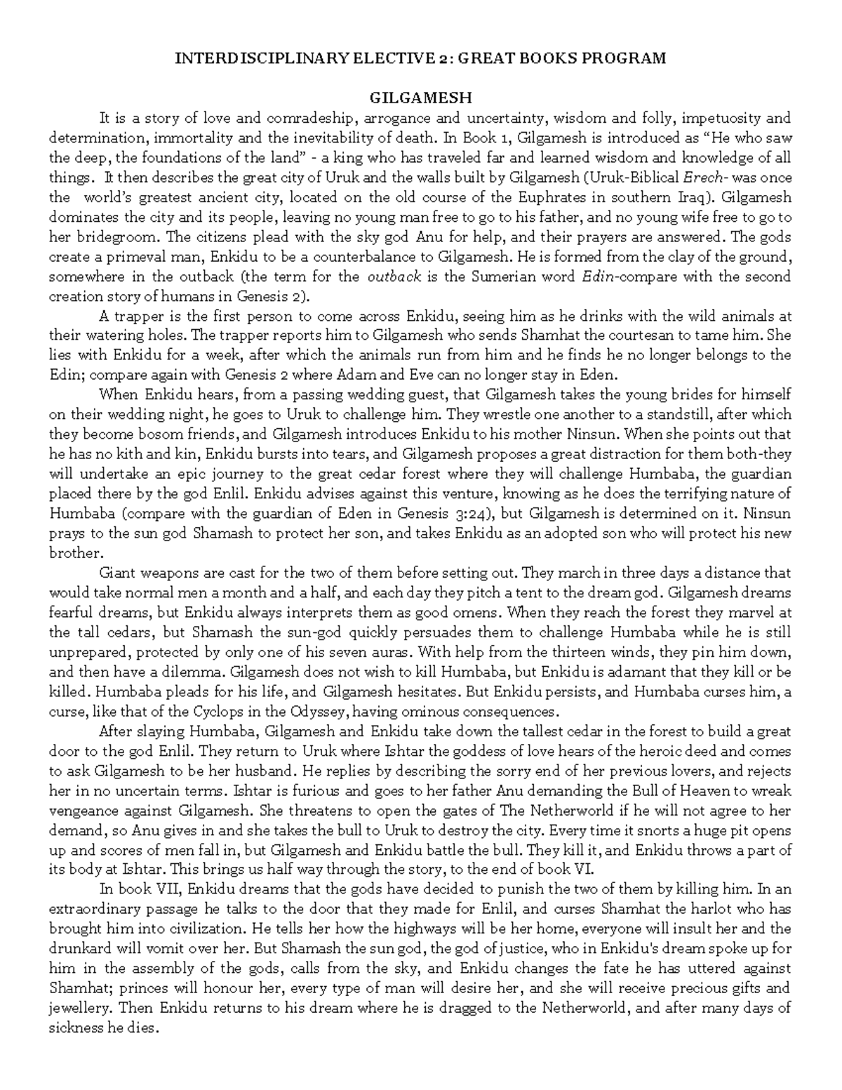 Gilgamesh Interdisciplinary Elective 2 Great Books Program ...