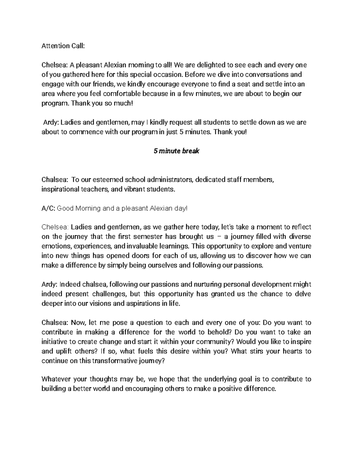 PD Culmination Script - Attention Call: Chelsea: A pleasant Alexian ...