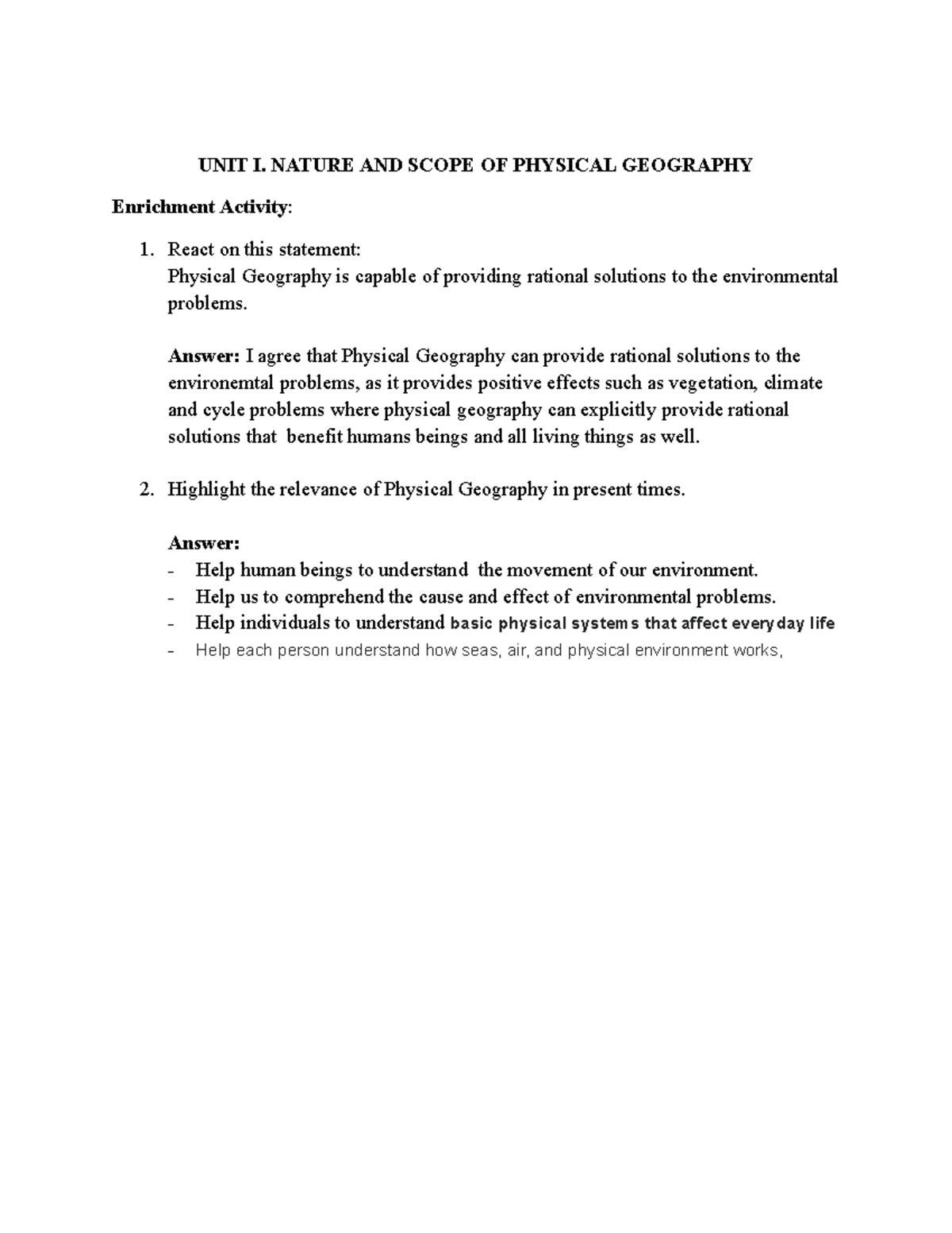 Physical Geography Enrichment - UNIT I. NATURE AND SCOPE OF PHYSICAL ...