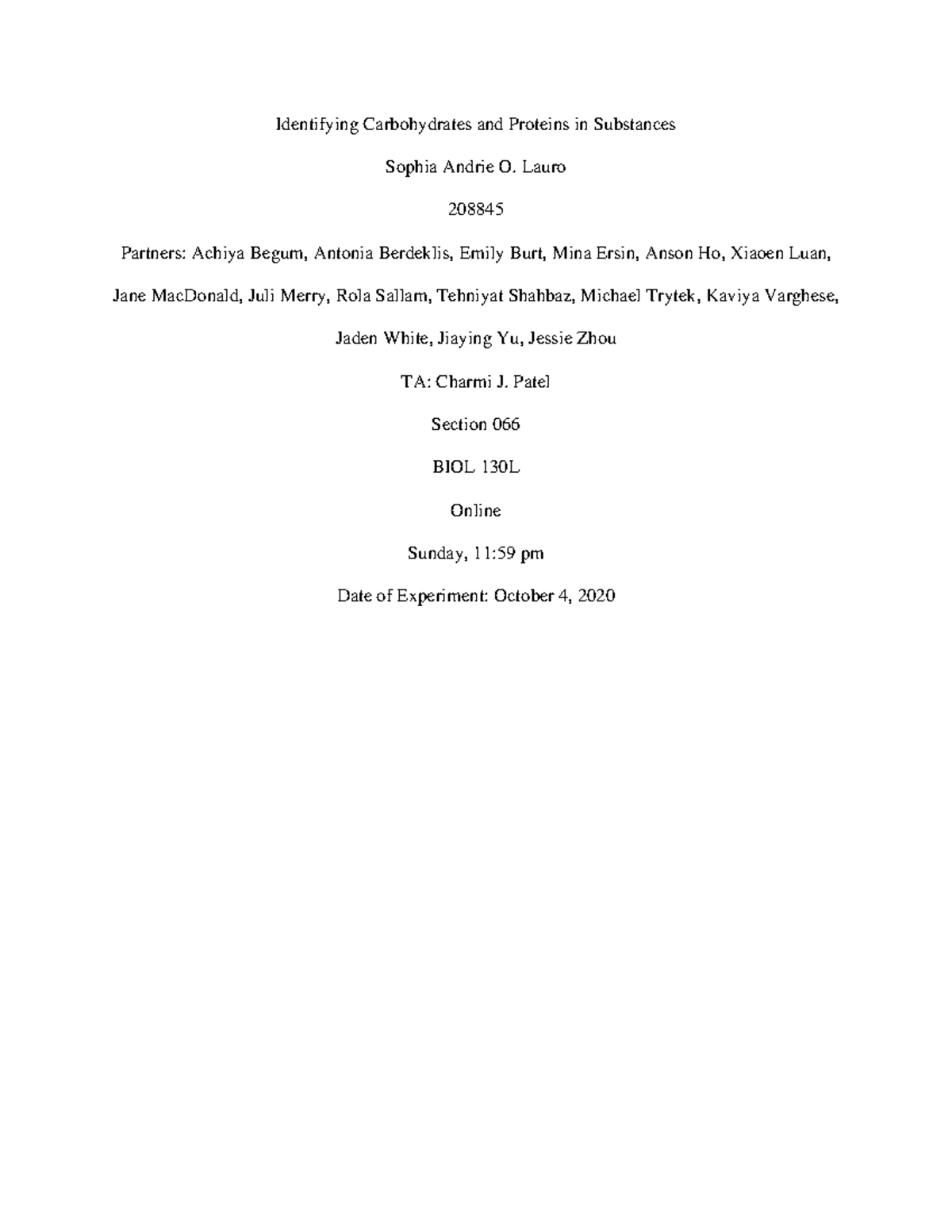 Biol130l Final Experiment 1 Macromolecule Lab Report Warning Tt