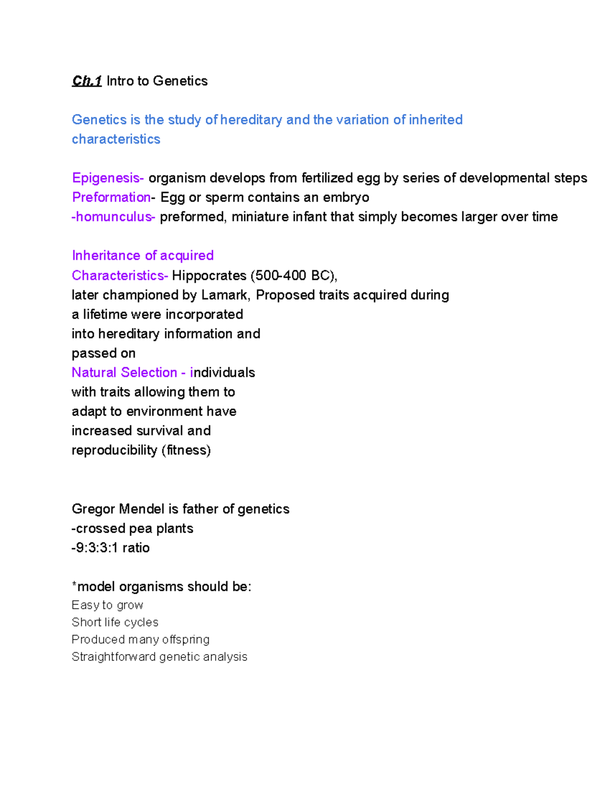 Genetics 3020 Review-3 - Ch Intro to Genetics Genetics is the study of ...