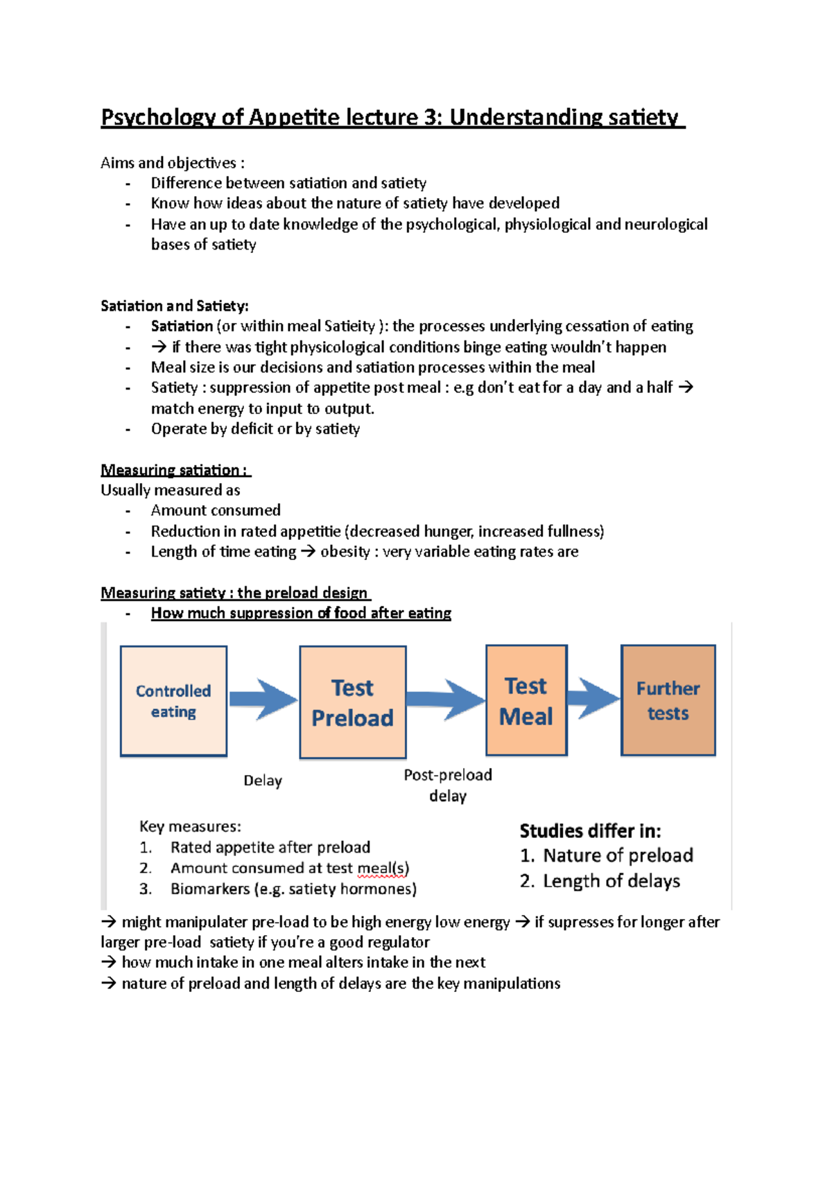 Lecture 3 understanding satiety - Psychology of Appetite lecture 3 ...