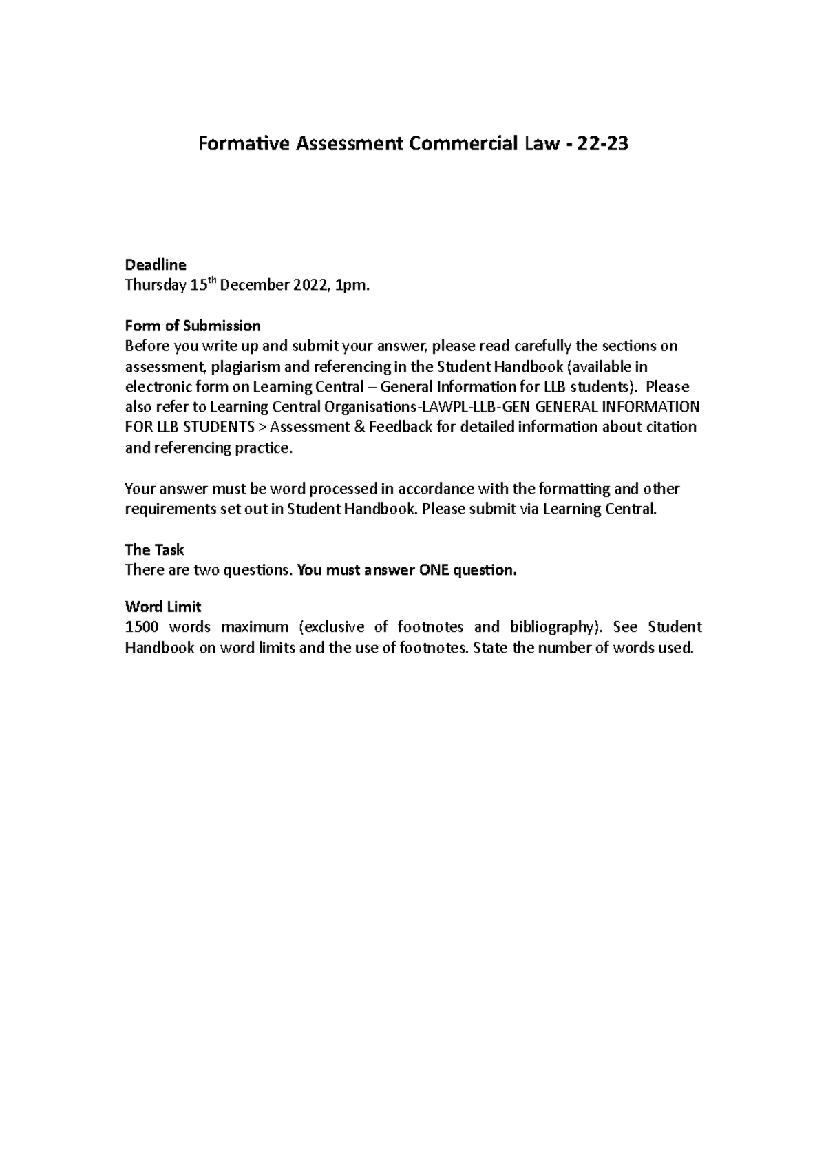 Commercial law Formative Assessment 2022 - Formative Assessment Commercial Law - 22- Deadline ...